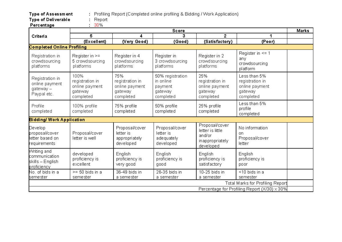 UBM Rubrik - Type of Assessment : Profiling Report (Completed online ...
