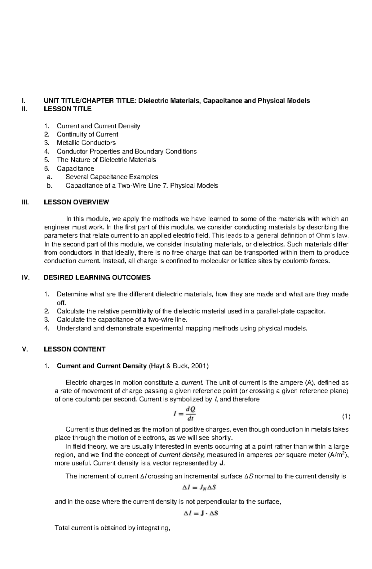 Electromagnetics - Lesson 7 - I. UNIT TITLE/CHAPTER TITLE: Dielectric ...