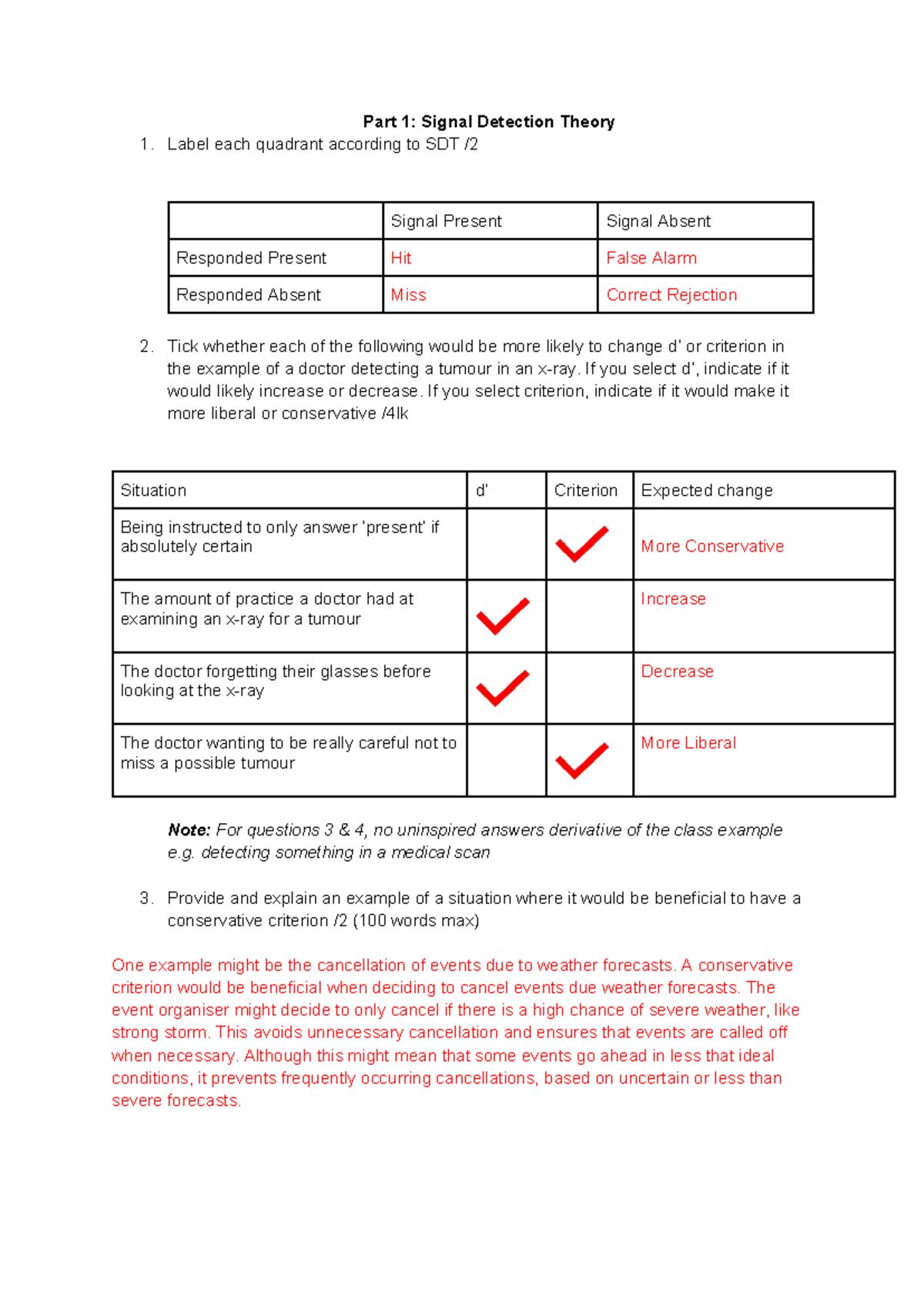 Assignment 1 Signal Detection Theory1 Part 1 Signal Detection Theory Label Each Quadrant