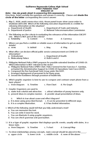 Pretest English 10 Third Quarter - PRE-TEST IN ENGLISH 10 THIRD QUARTER ...