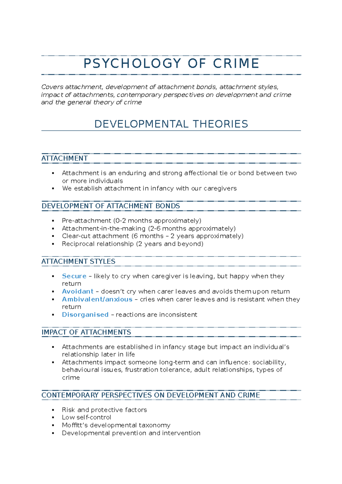 Psychology of crime 21 - Covers attachment, development of attachment ...
