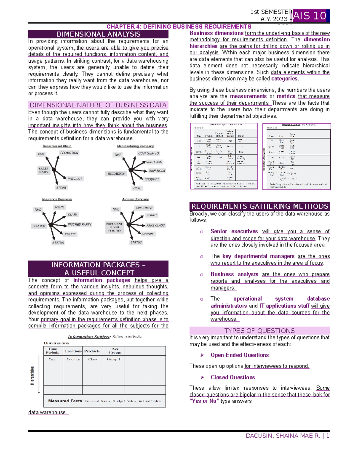 Defining Business Requirements - |AIS 10 CHAPTER 4: DEFINING BUSINESS REQUIREMENTS DIMENSIONAL ...