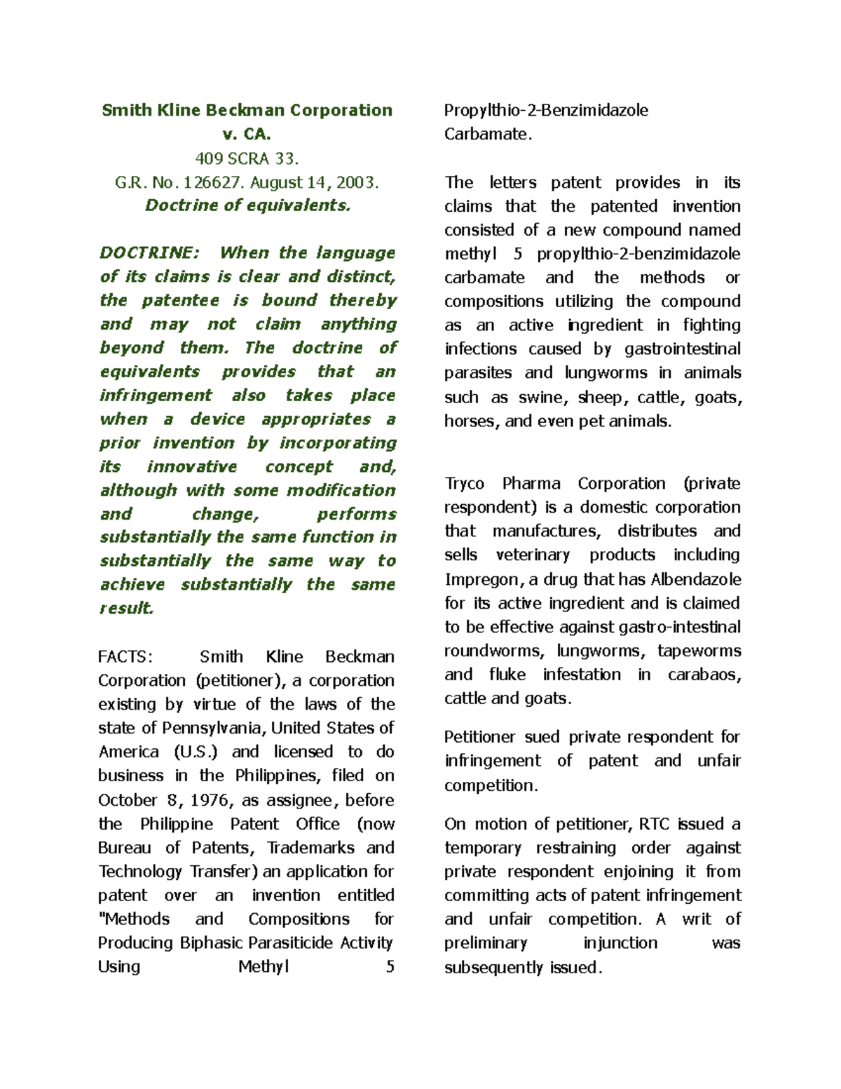 Smith Kline Beckman Corporation v. CA, 2003 (Doctrine of equivalents ...