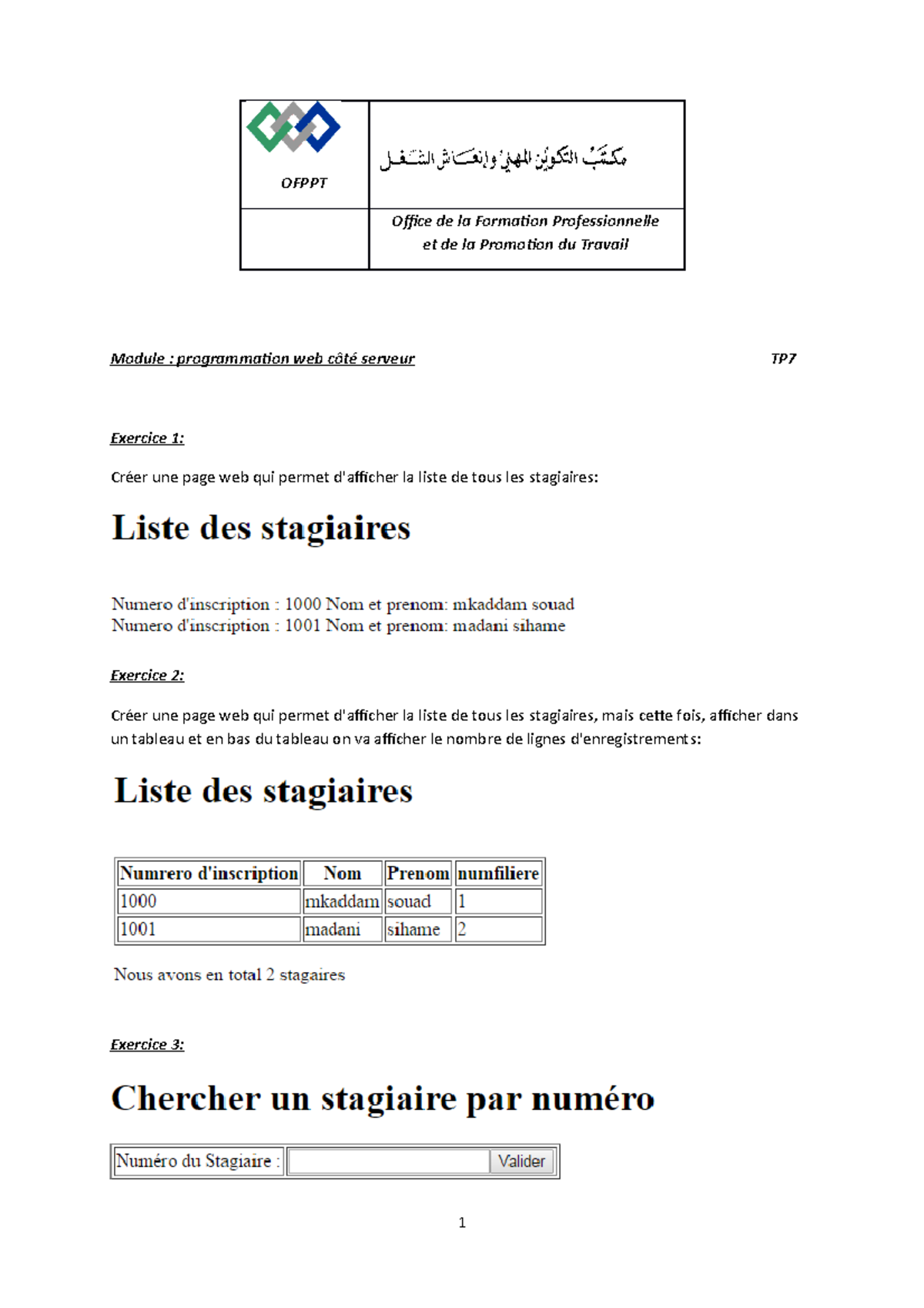 TP 7 PHP - Des exercices pour faire entrainer - Module : programmation web côté serveur TP ...