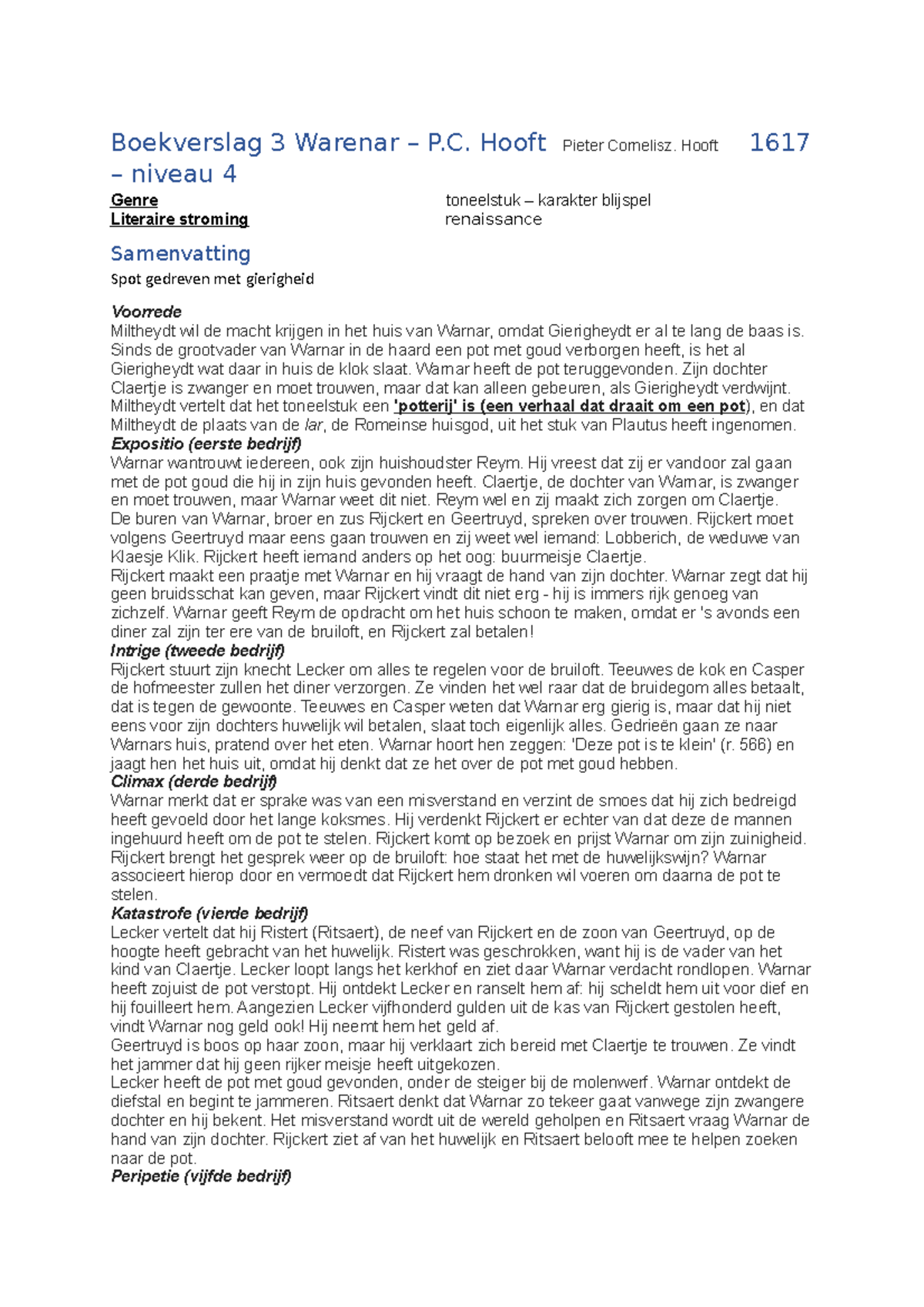 Boekverslag 3 Warenar - Boekverslag 3 Warenar – P. Hooft Pieter ...