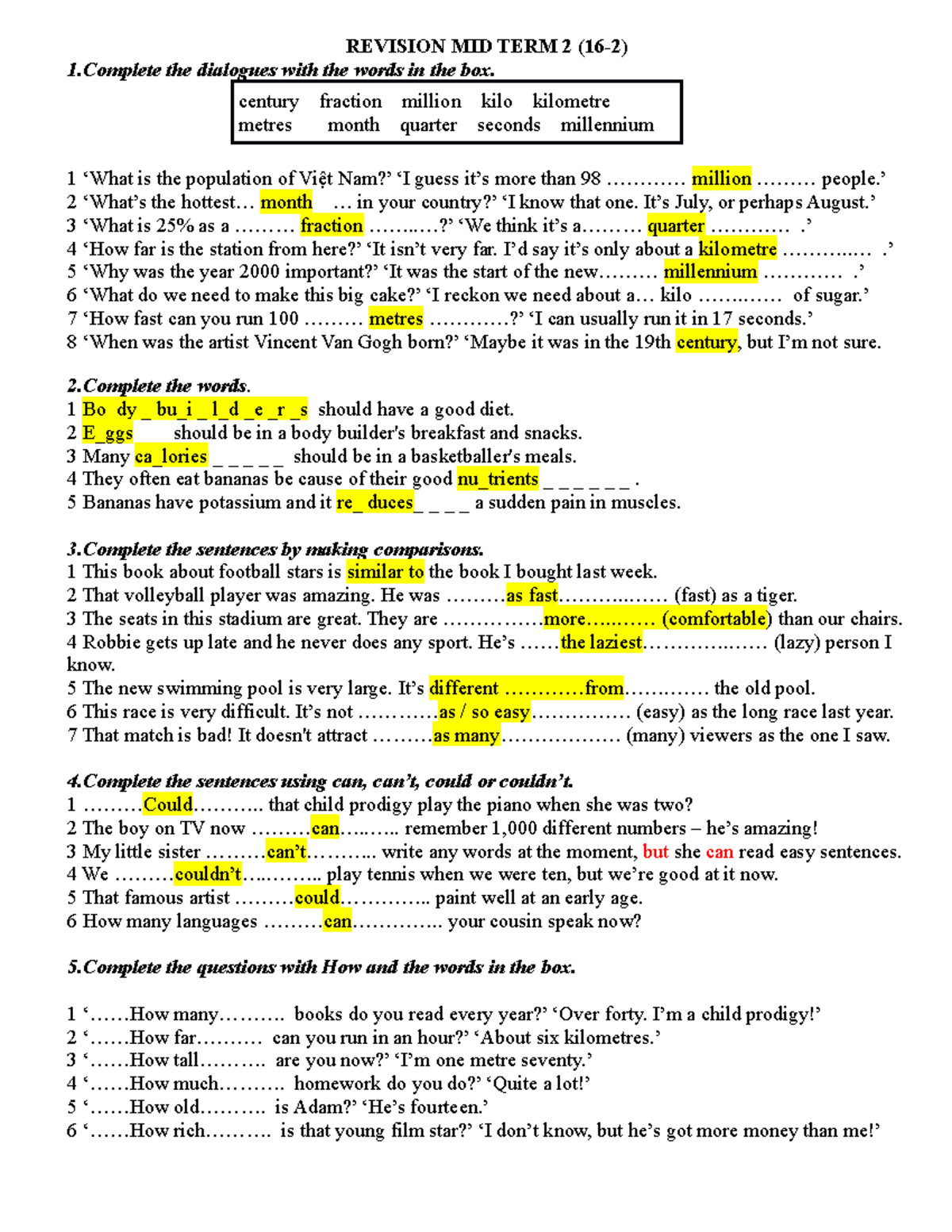 E7 Revision Mid term 2 (U5,6) KEY - REVISION MID TERM 2 (16-2) 1 the dialogues with the words in ...