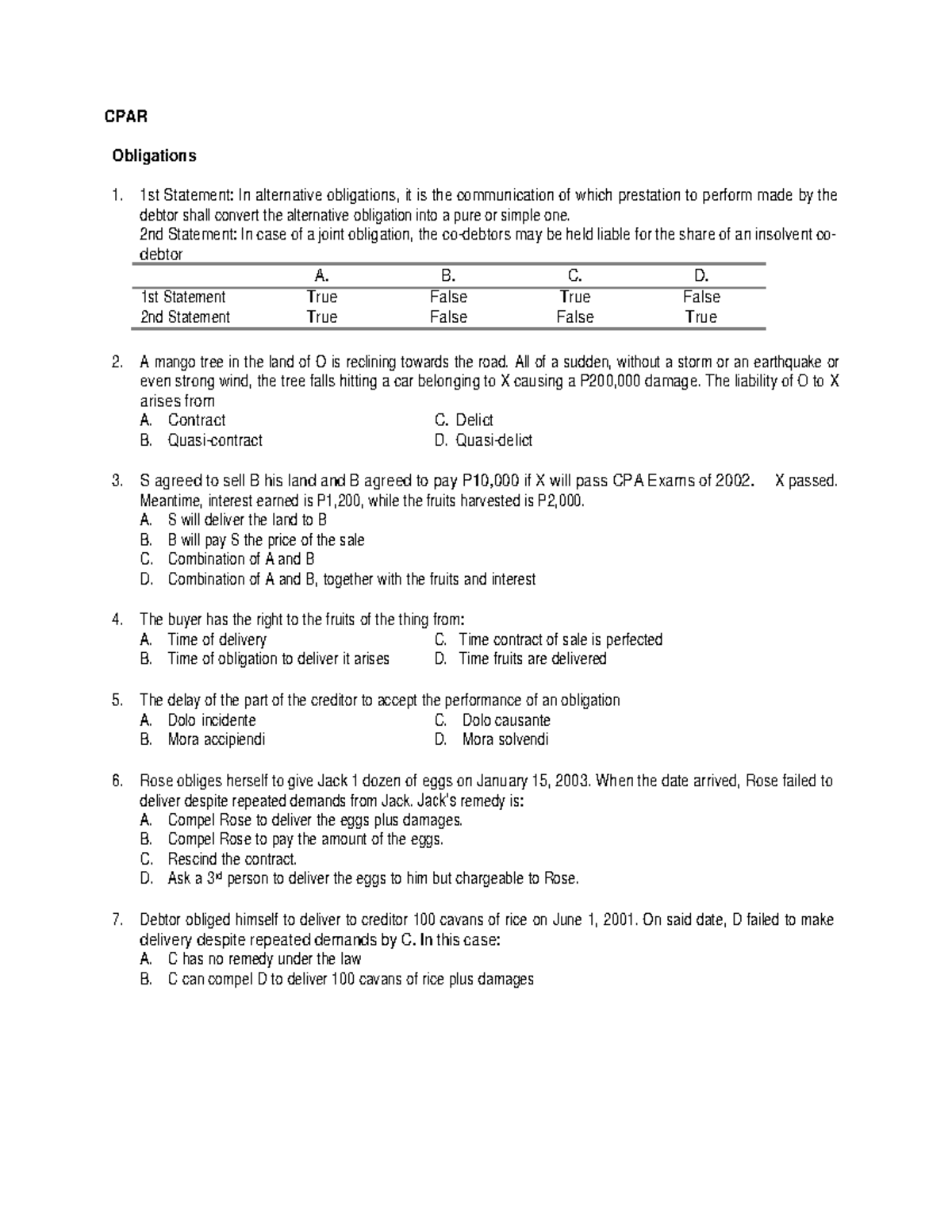 CPAR-BL - CPAR BL EXAM - CPAR Obligations 1st Statement: In alternative ...