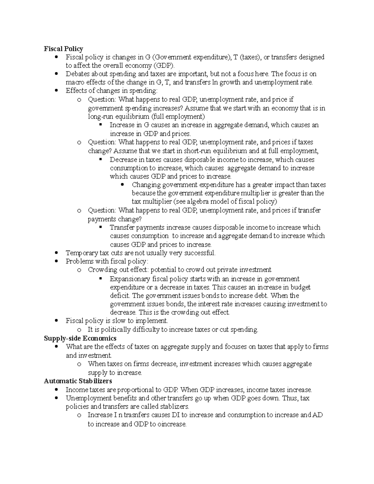 Class 31 - Fiscal Policy Fiscal policy is changes in G (Government ...