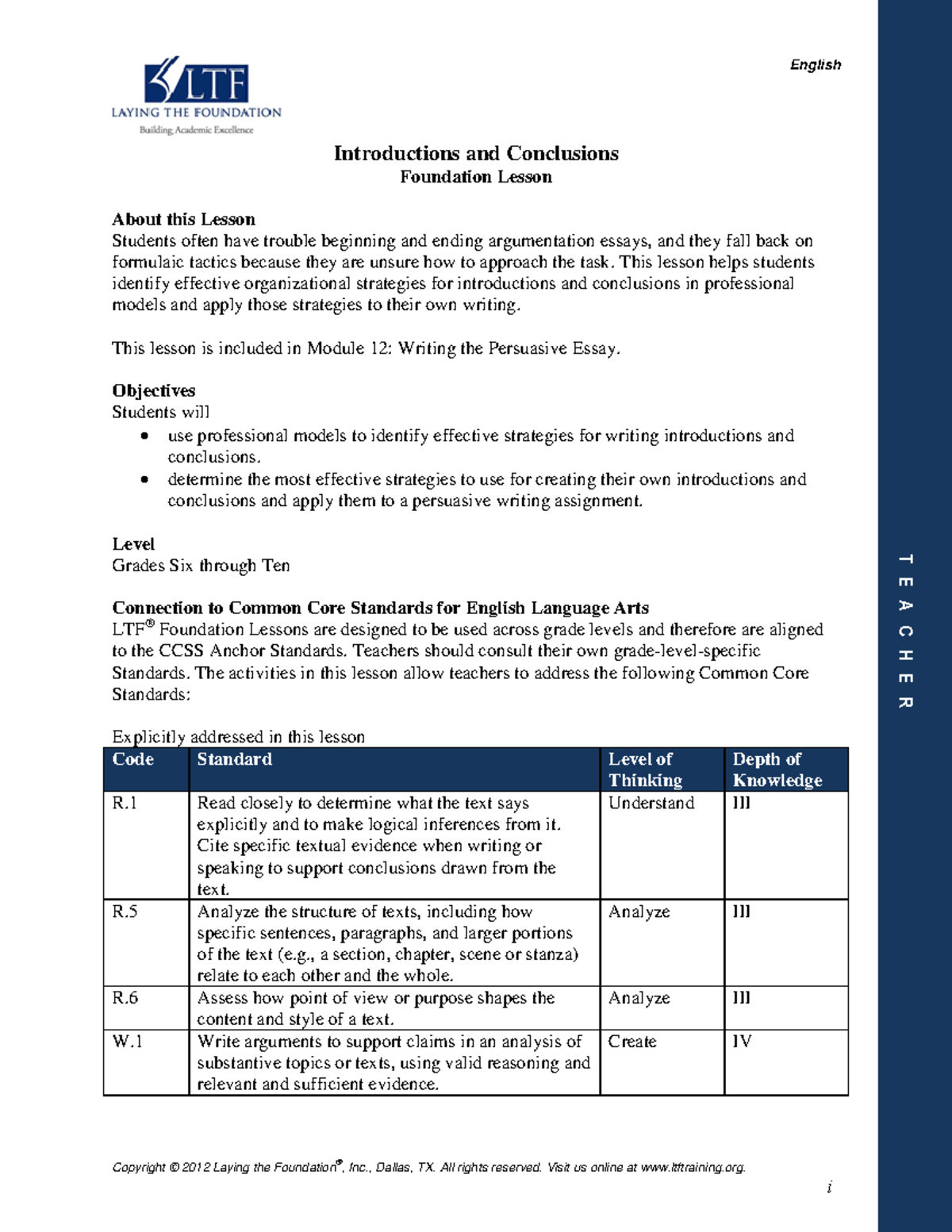 Introductions and conclusions - T E A C H E R English Copyright © 2012 ...