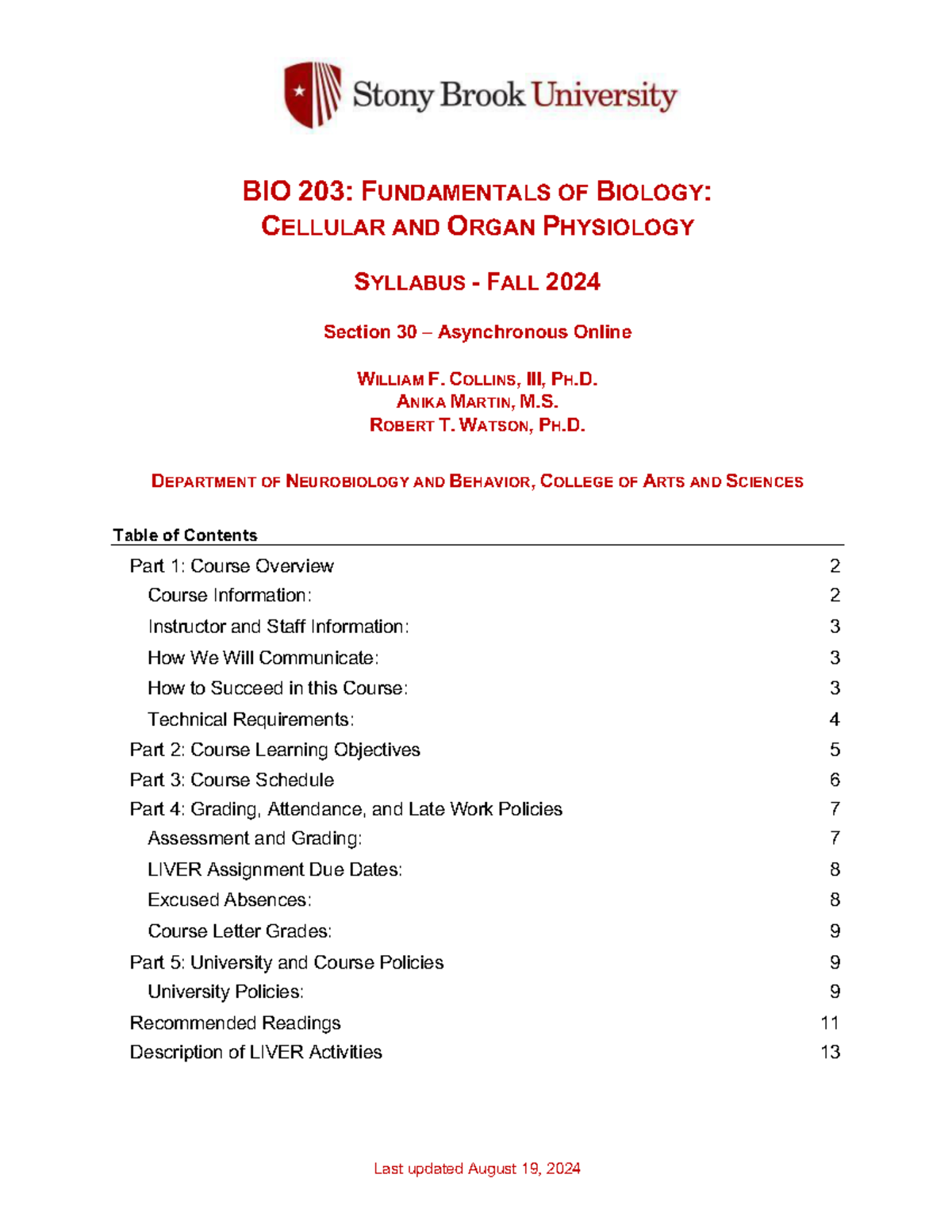 BIO 203.30 Syllabus Fall 2024 online (post) - Last updated August 19 ...