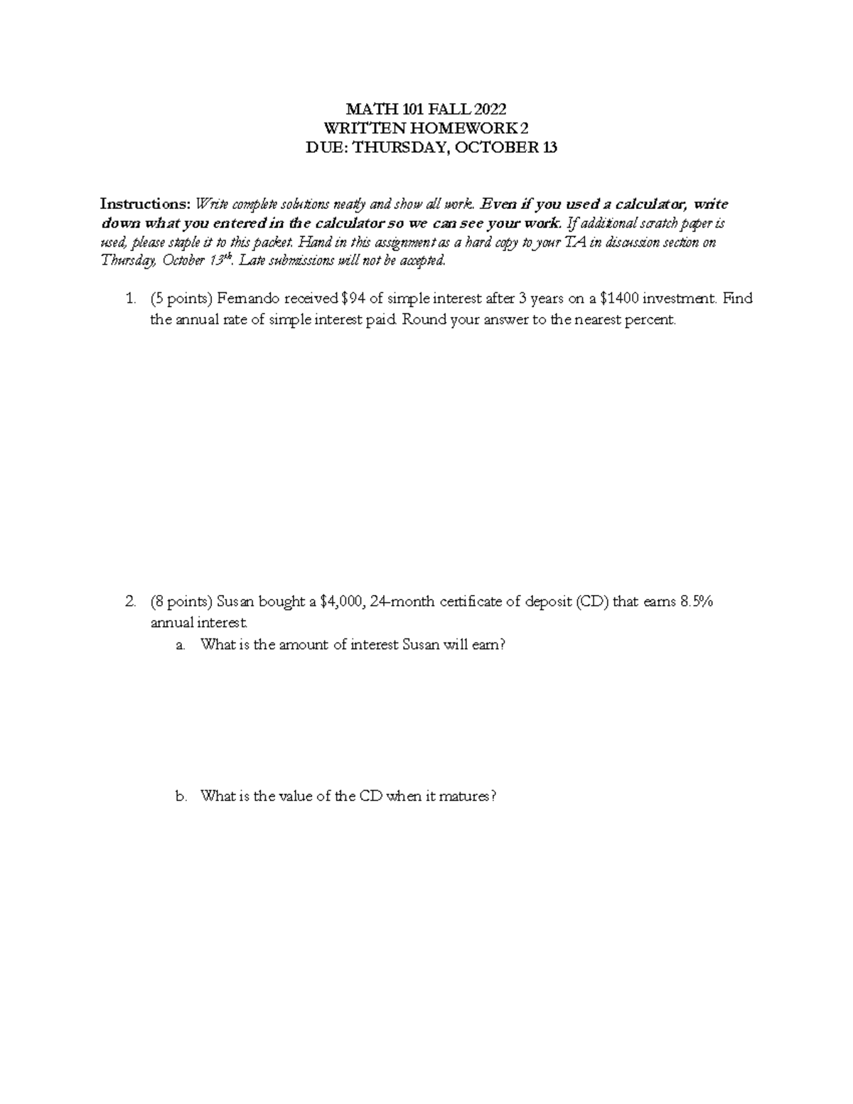 Written HW 2 - n/n - MATH 101 FALL 2022 WRITTEN HOMEWORK 2 DUE: THURSDAY, OCTOBER 13 ...