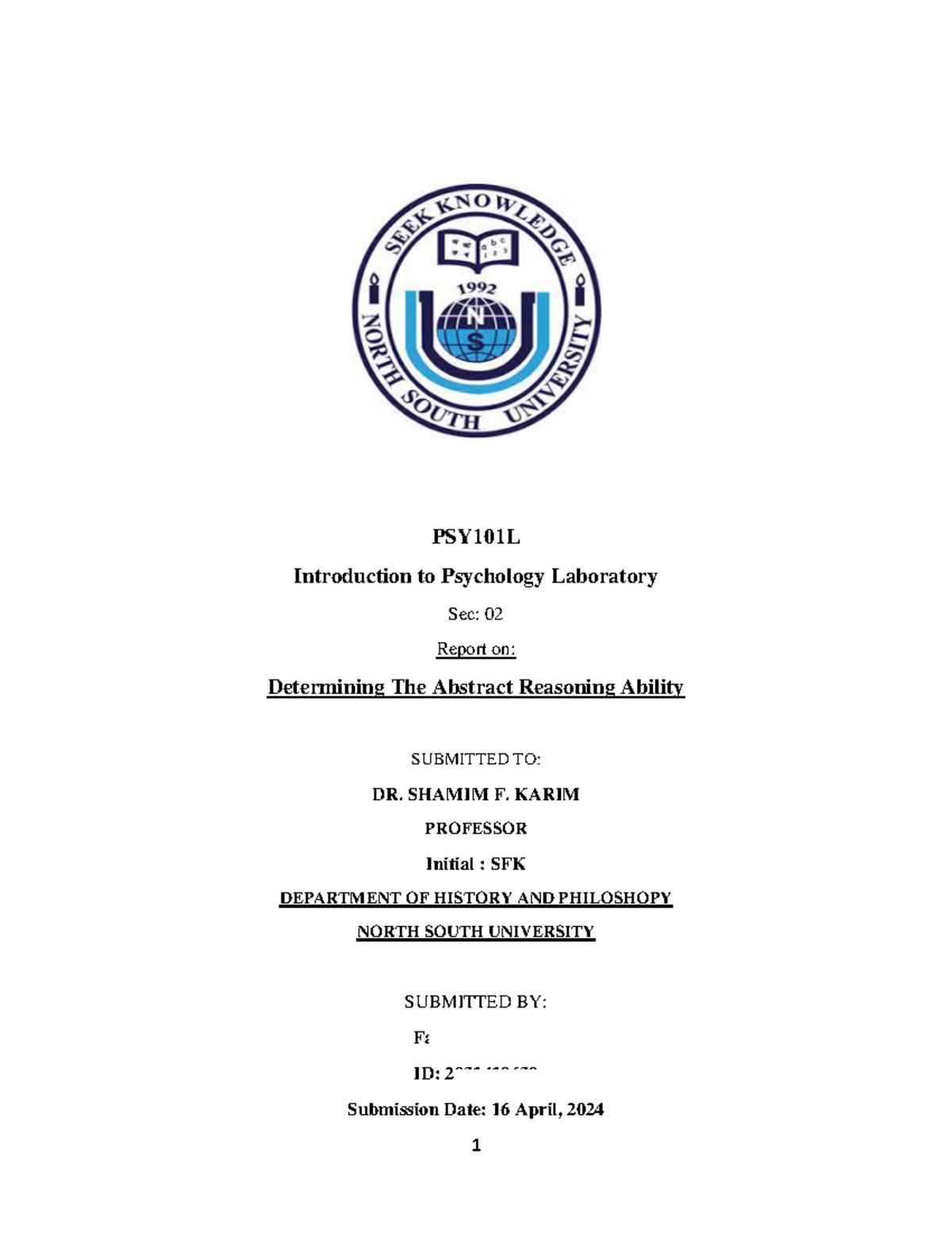 PSY101L.2 Report ( Abstract Reasoning ) - PSY101L Introduction to ...