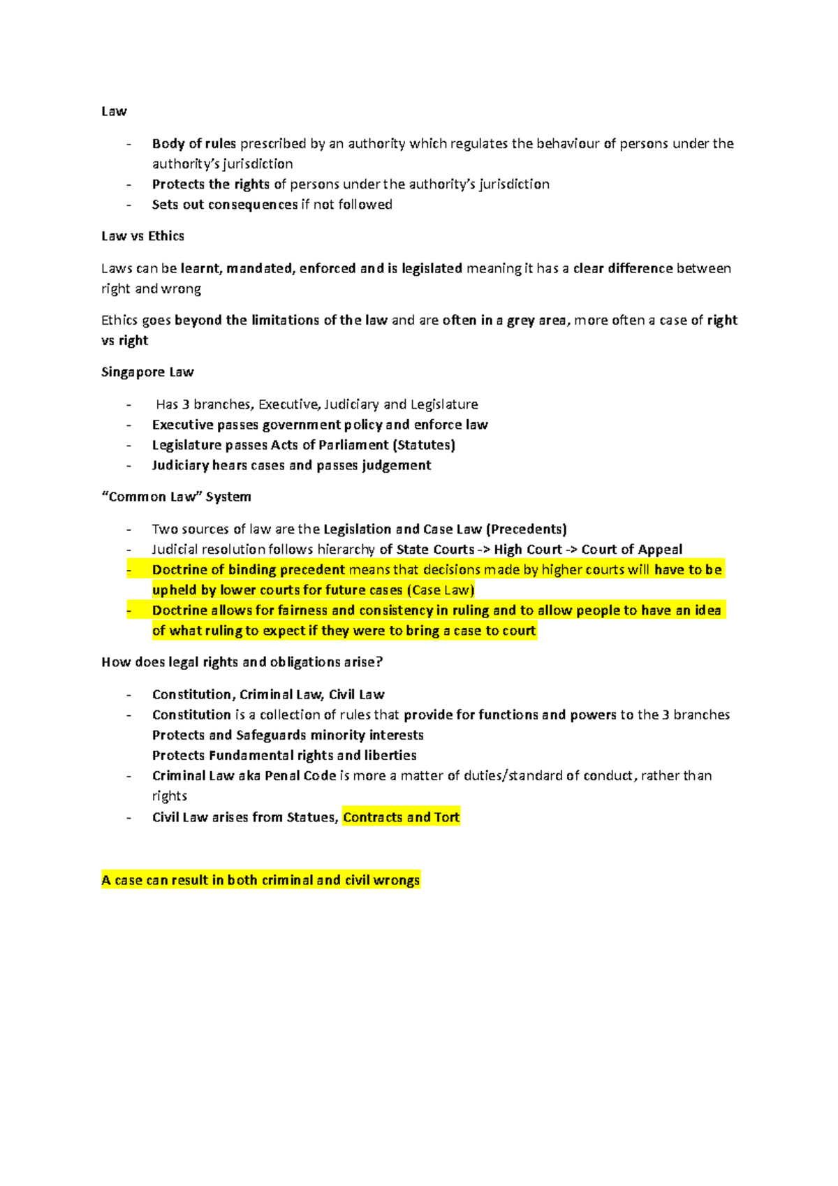 GESS1018 - Summary of lectures for first half of the mod - Law - Body ...