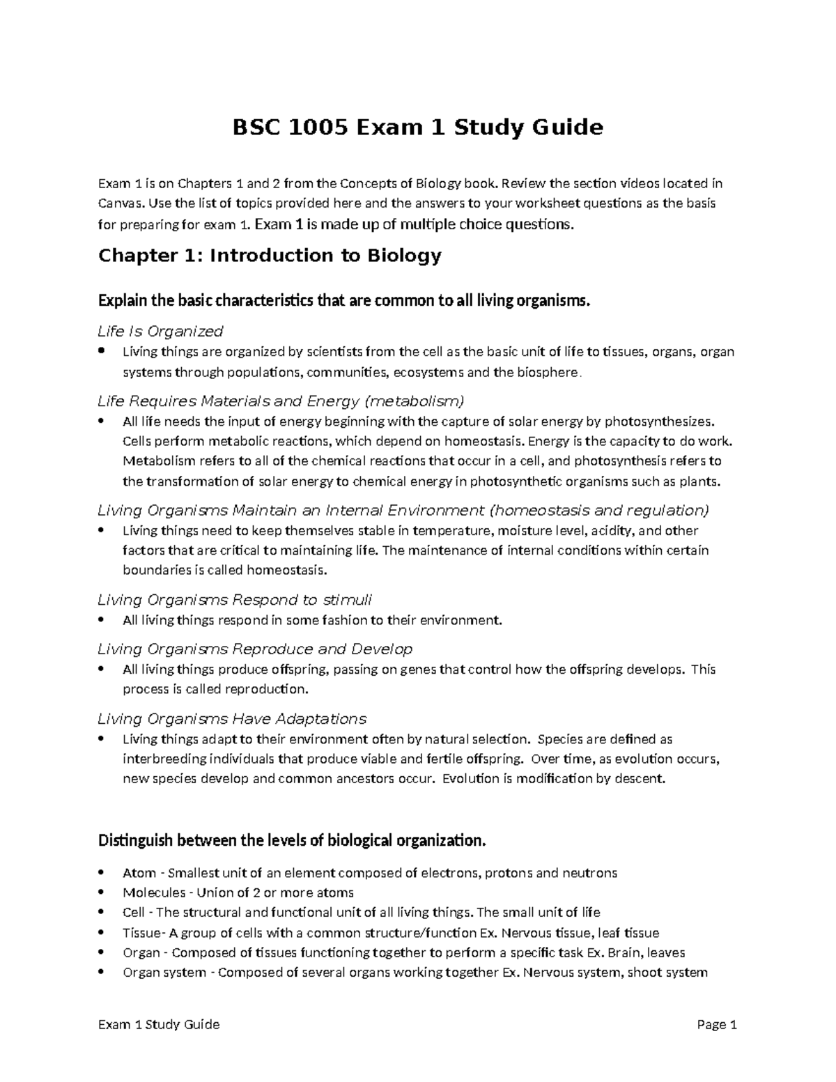 Bio Exam 1 - summary for exam. chapter 7 and 8 - BSC 1005 Exam 1 Study ...