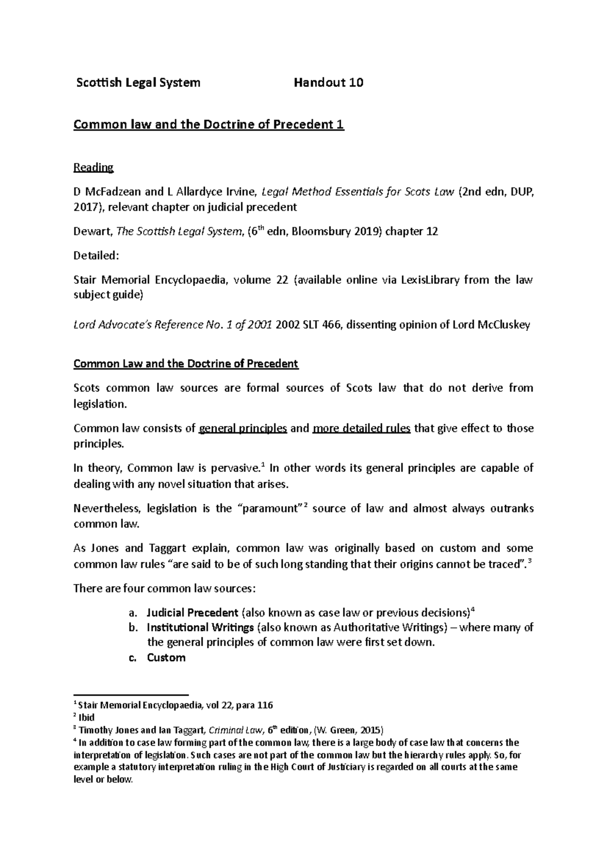 Lecture 10 - Doctrine of Precedent 1 - Scottish Legal System Handout 10 ...