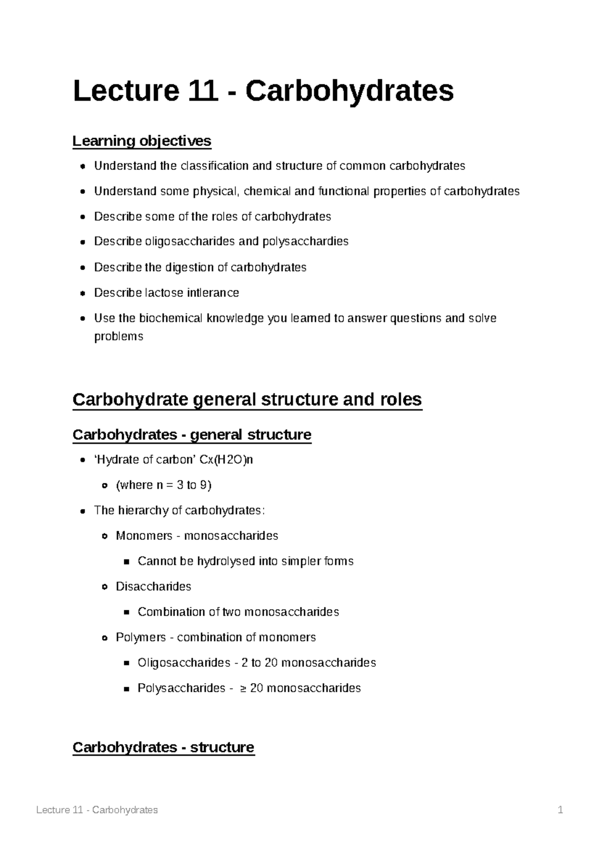 Carbohydrates - Lecture 11 - Carbohydrates Learning objectives ...