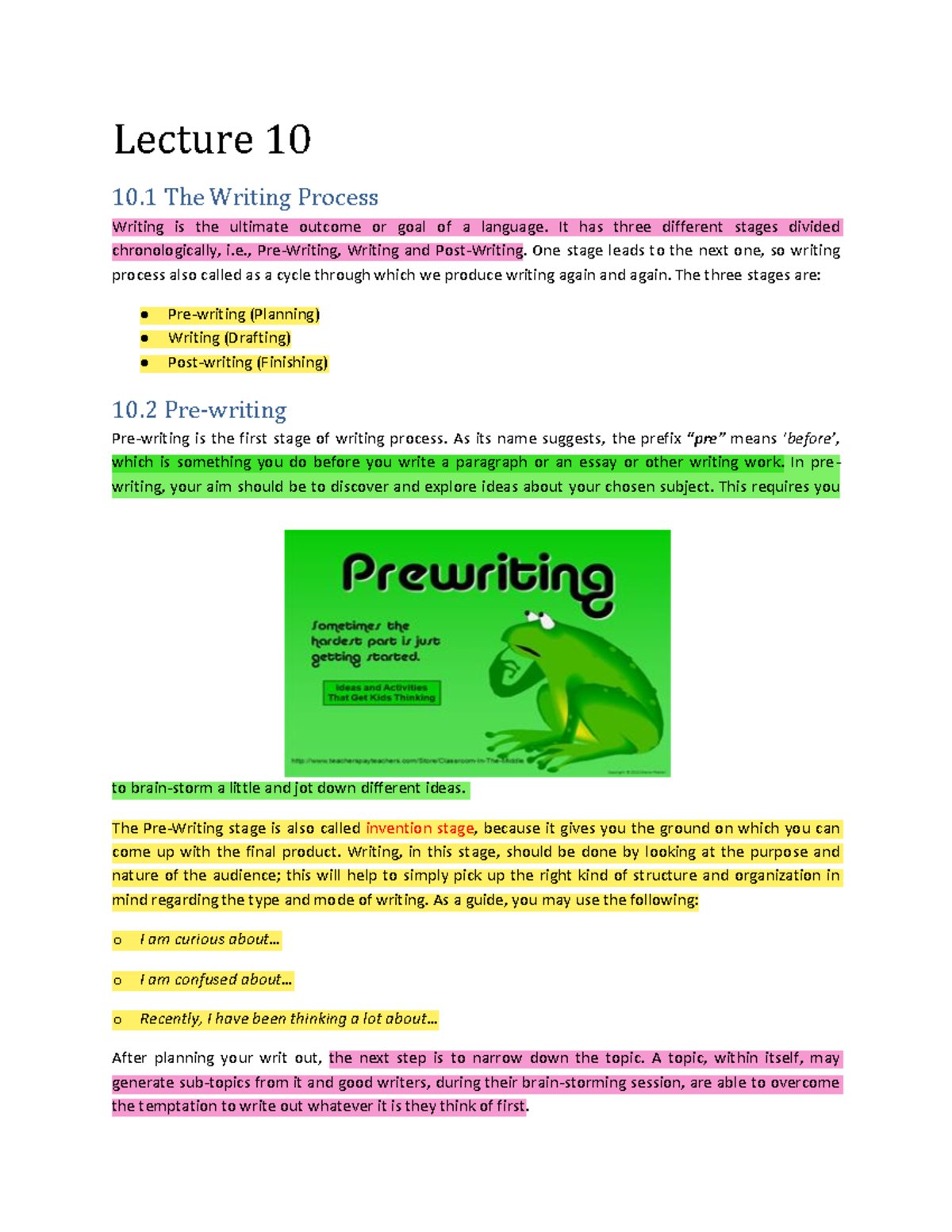 HUM102 Handouts Lecture 10 - Lecture 10 10 The Writing Process Writing is the ultimate outcome ...