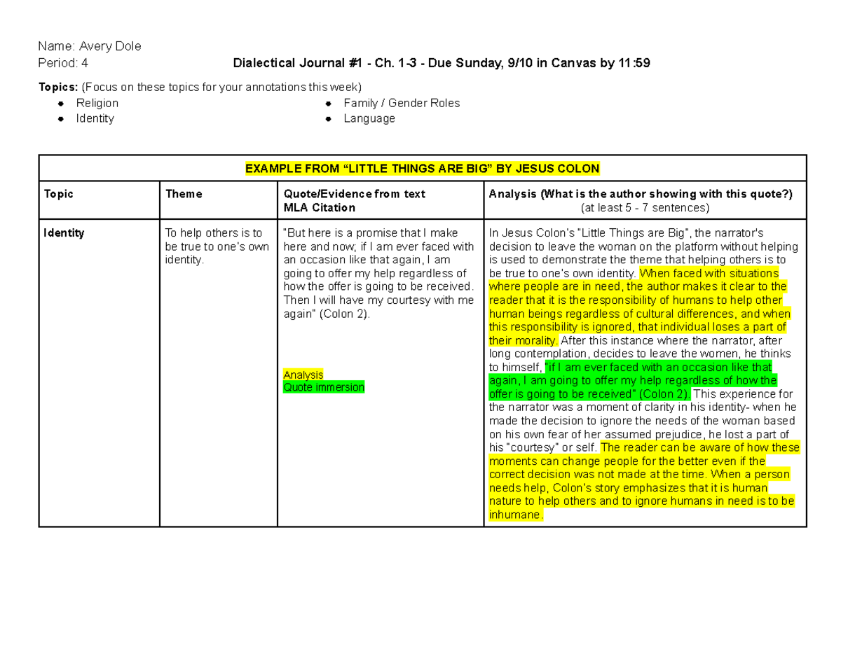 Dialectical Journal #1 - Ch. 1-3, 9 10 due in Canvas 11 59pm - Name ...