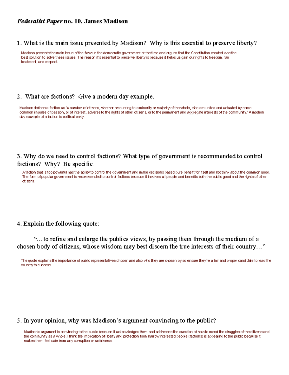 Fed Paper 10 51 - Federalist Paper no. 10, James Madison What is the ...