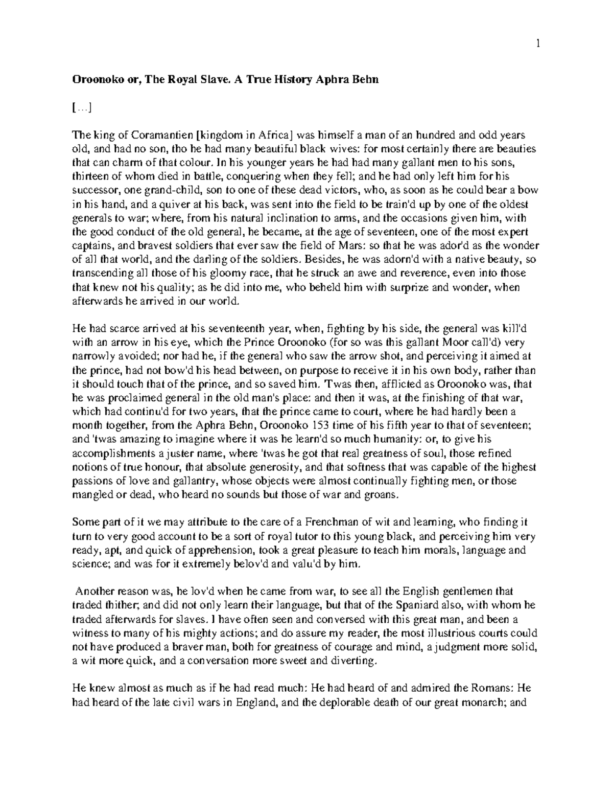 TTU ENGL 3305 Apha Behn, Opening of Oroonoko Notes - 1 Oroonoko or, The ...