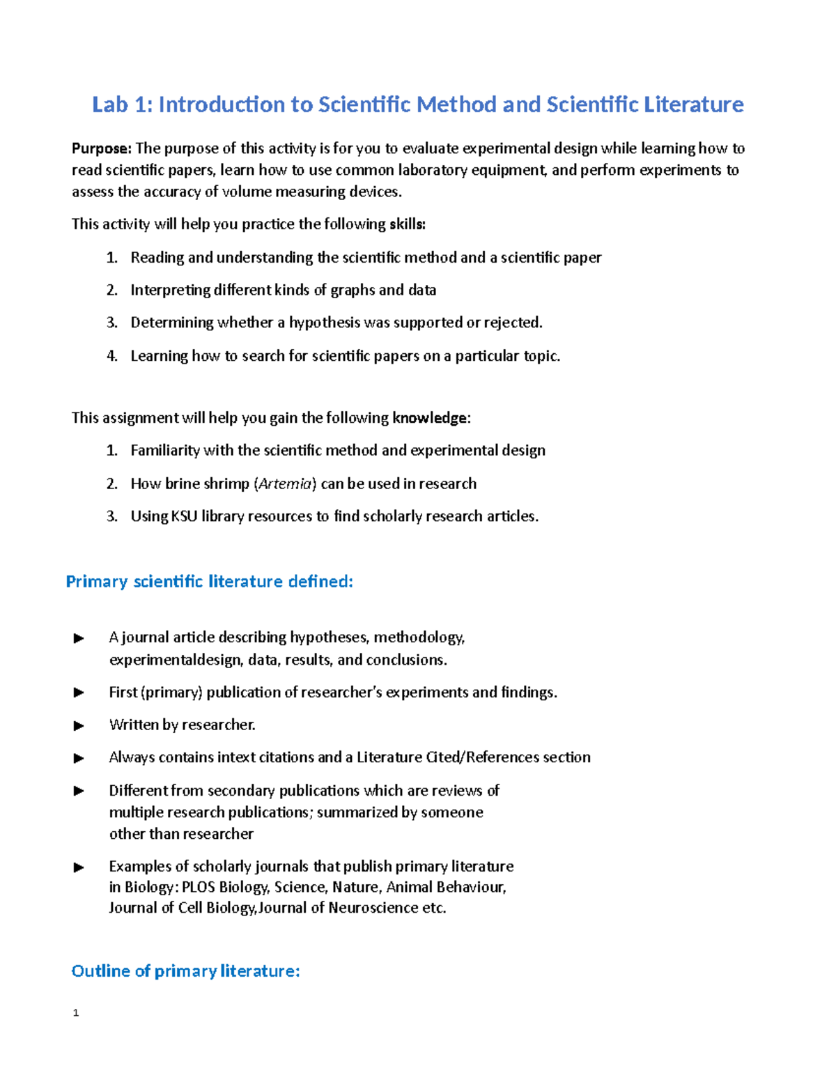 Lab 1 Scientific Method and Scientific Literature Fall 2023 Final - Lab 1: Introduc/on to Scien ...