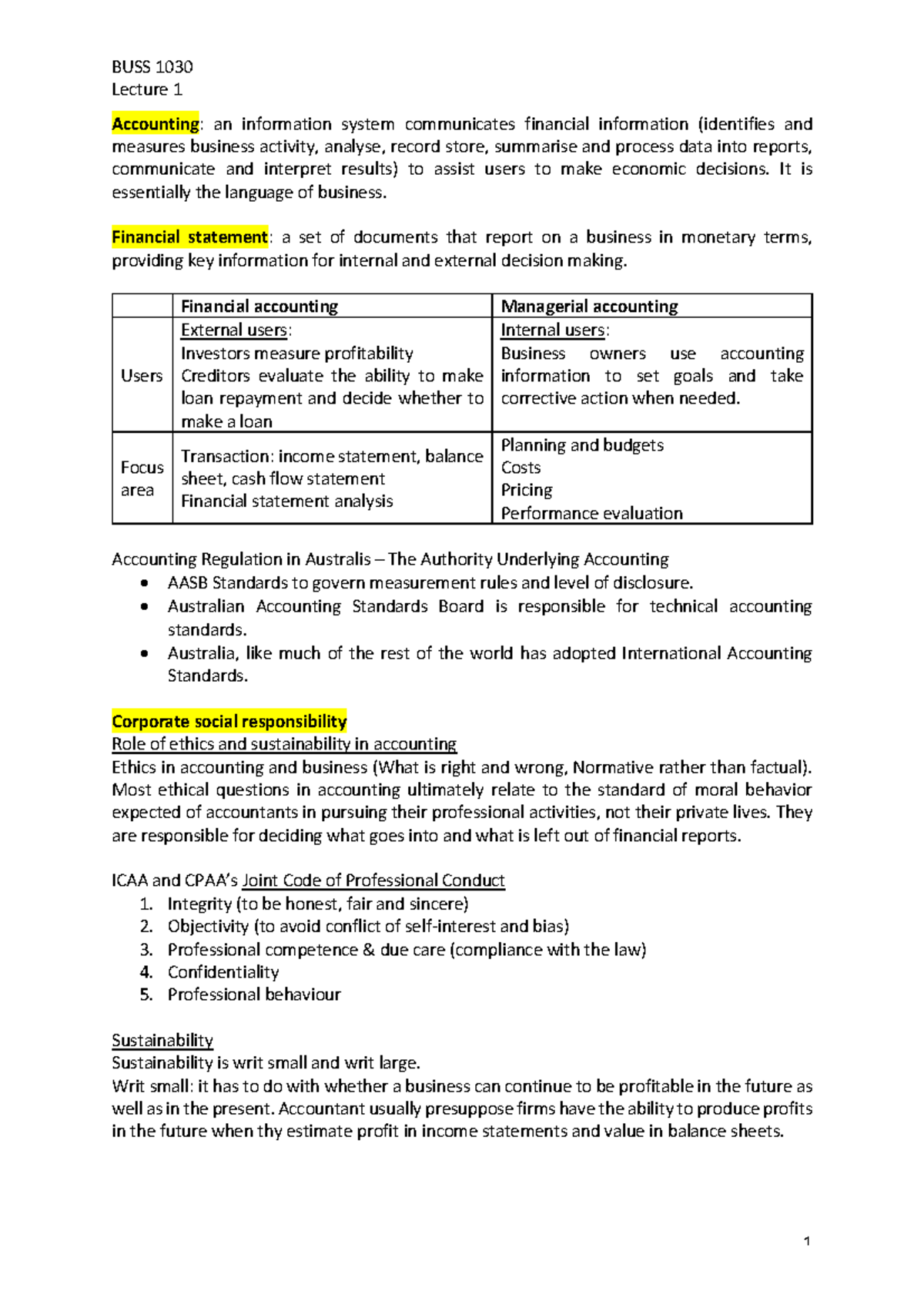 buss1030 note week1 - BUSS 1030 Lecture 1 1 Accounting: an information ...
