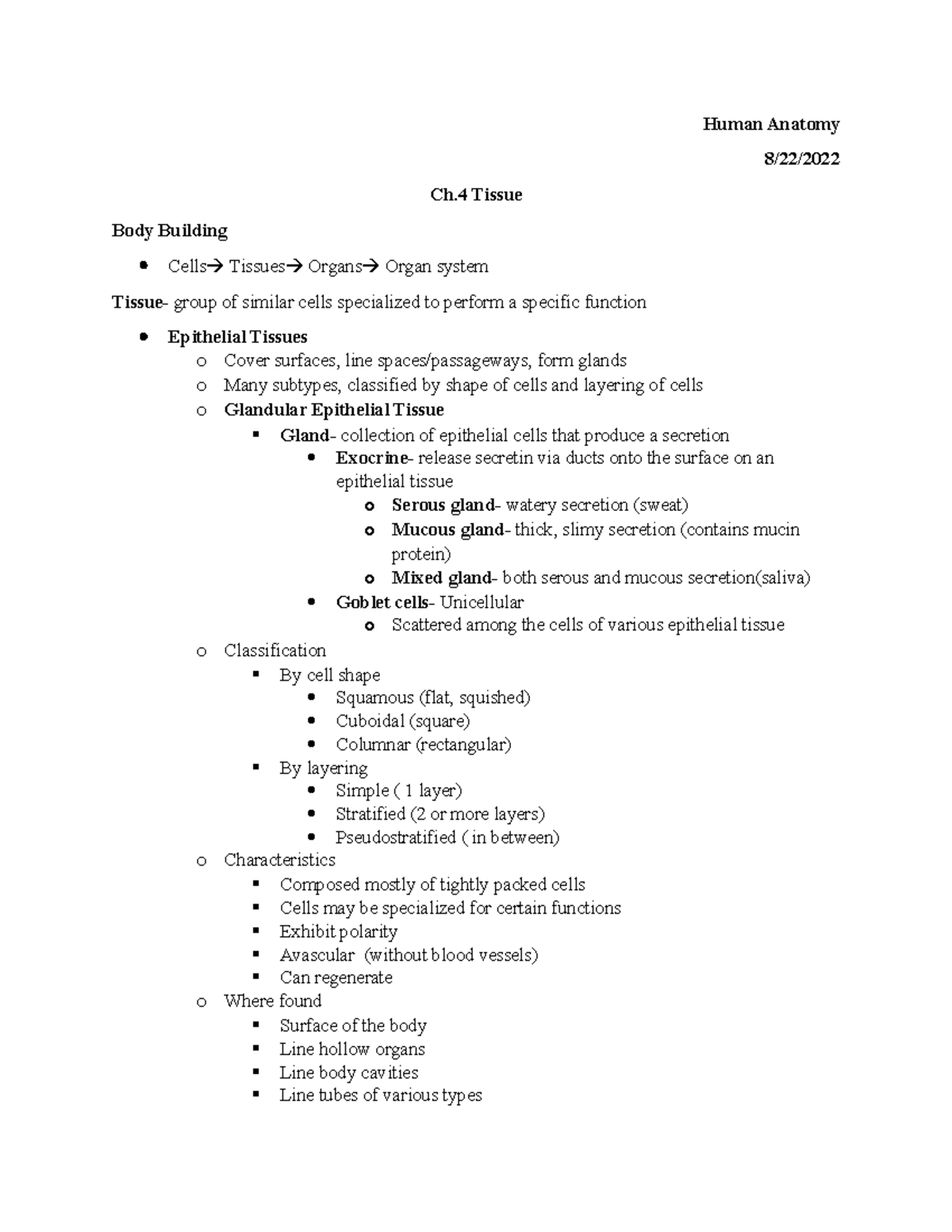 Human Anatomy class notes monday ayg 22 - Human Anatomy 8/22/ Ch Tissue ...