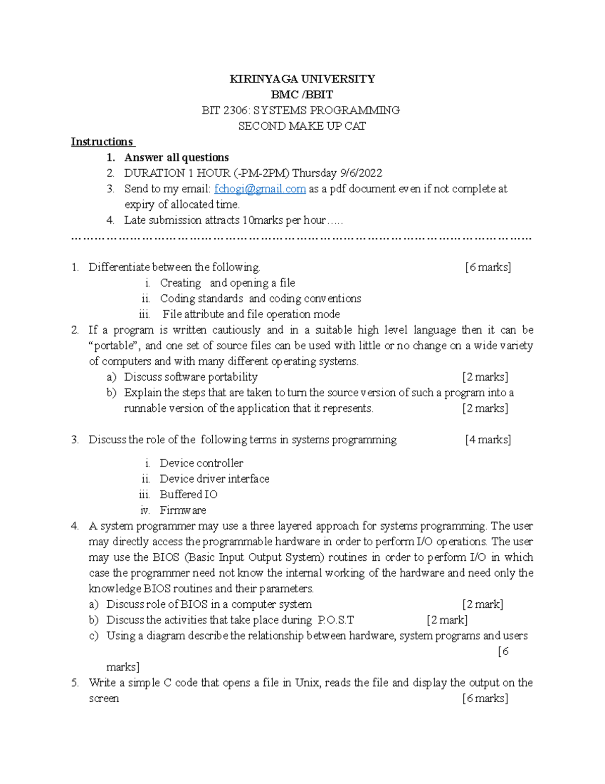 SPC2309 Systems Programming - KIRINYAGA UNIVERSITY BMC /BBIT BIT 2306: SYSTEMS PROGRAMMING ...