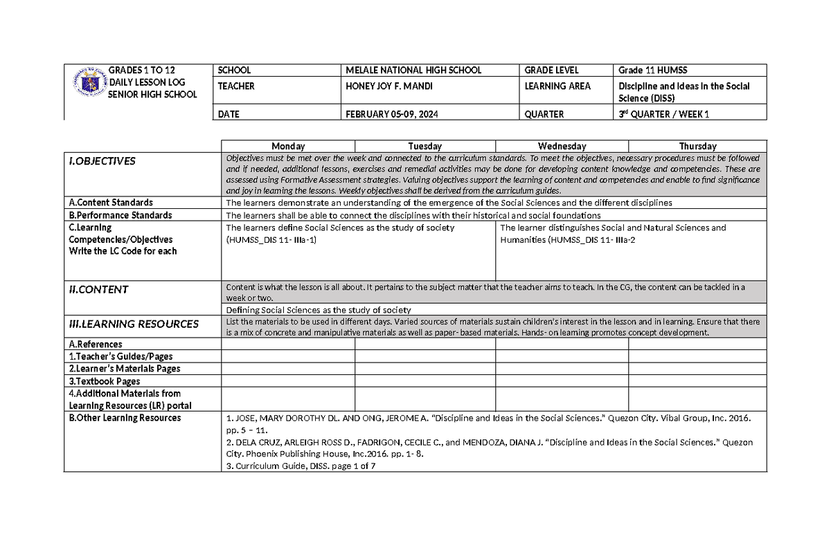 DISS WEEK 1 - GRADES 1 TO 12 DAILY LESSON LOG SENIOR HIGH SCHOOL SCHOOL ...