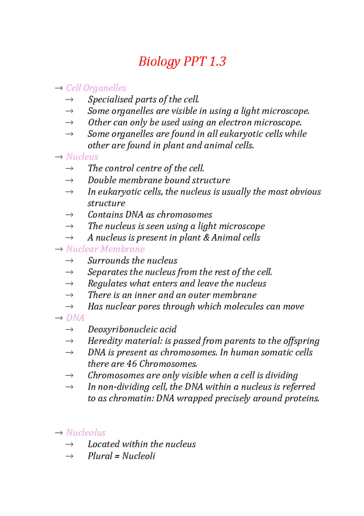 Biology PPT 3 summary notes - Biology PPT 1. Cell Organelles ...