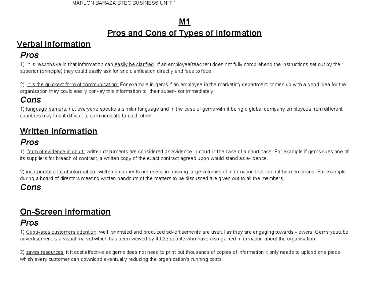 Pros and Cons of Types of Information - M Pros and Cons of Types of ...