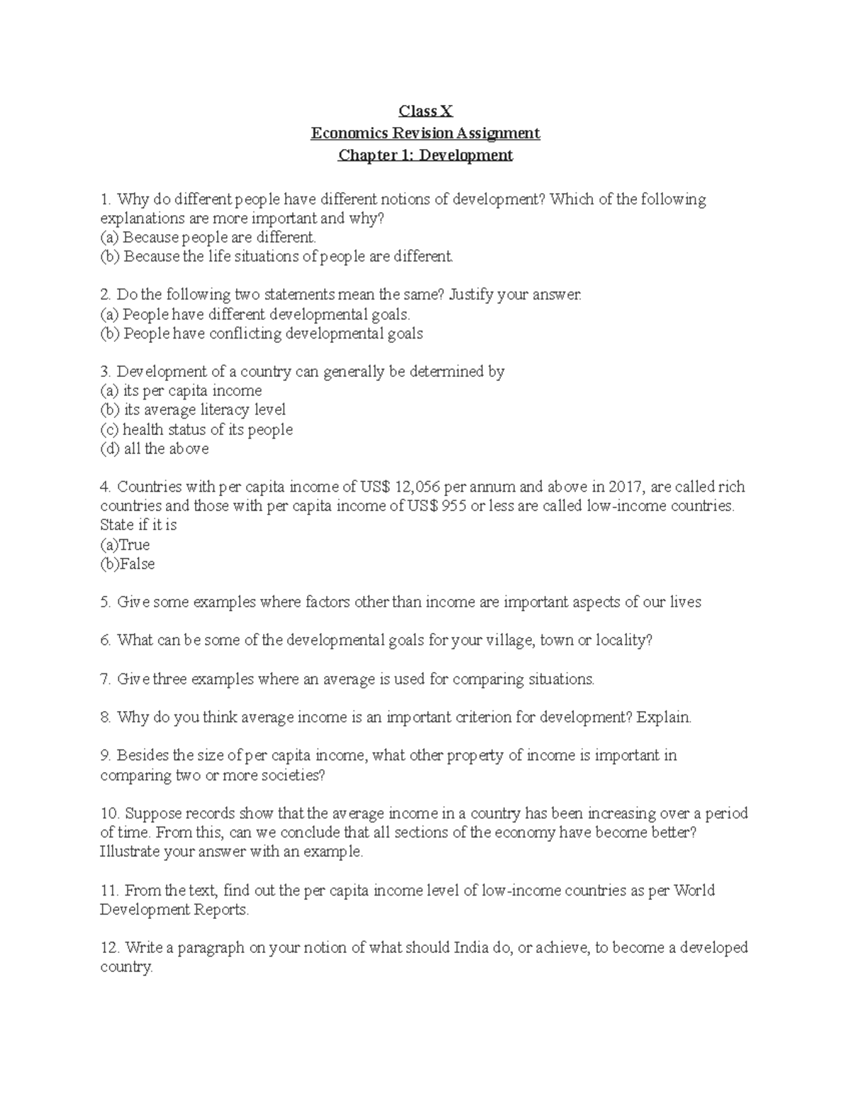 X-Eco rev assign (Ch1 Development) - Class X Economics Revision ...