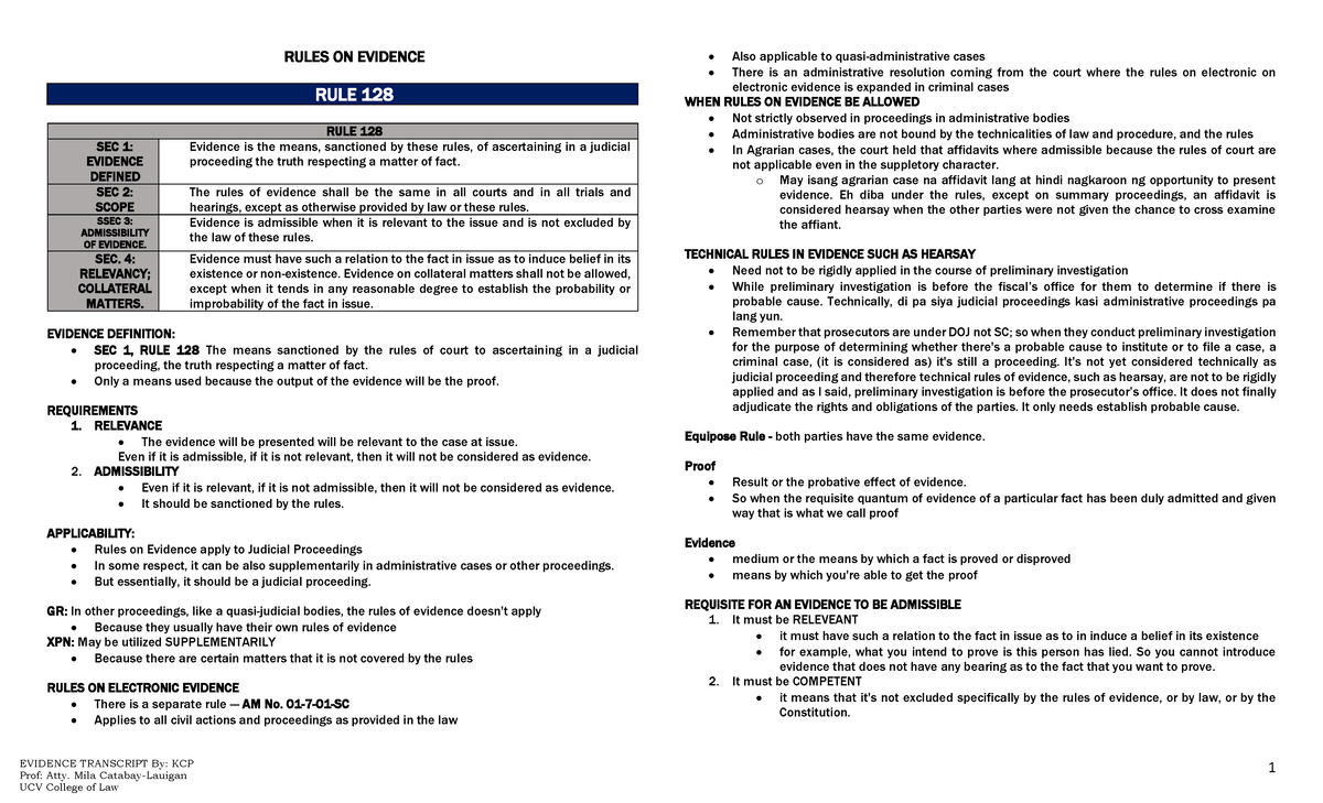 Evidence- Transcript - EVIDENCE TRANSCRIPT By: KCP Prof: Atty. Mila ...