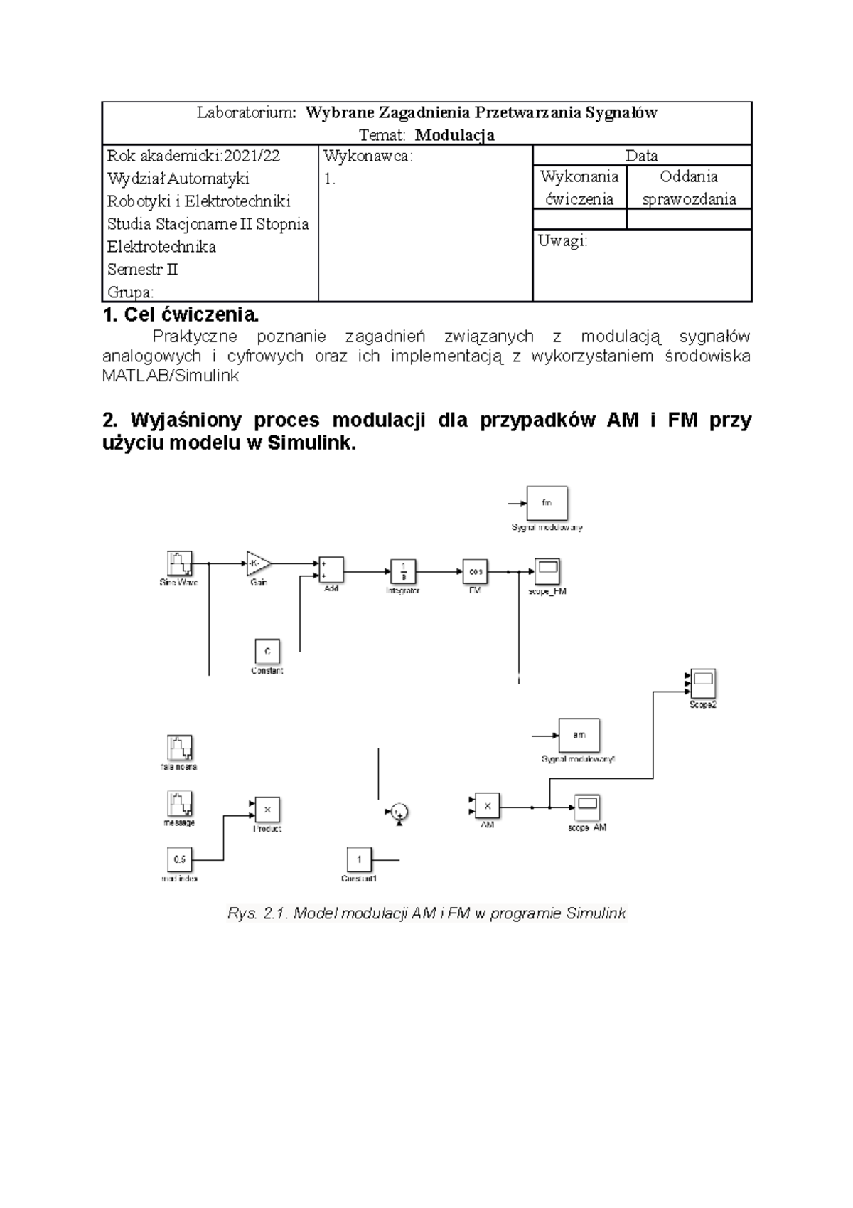 Wybrane zagadnienia przetwarzania sygnałów Modulacja - Laboratorium : Wybrane Zagadnienia - Studocu