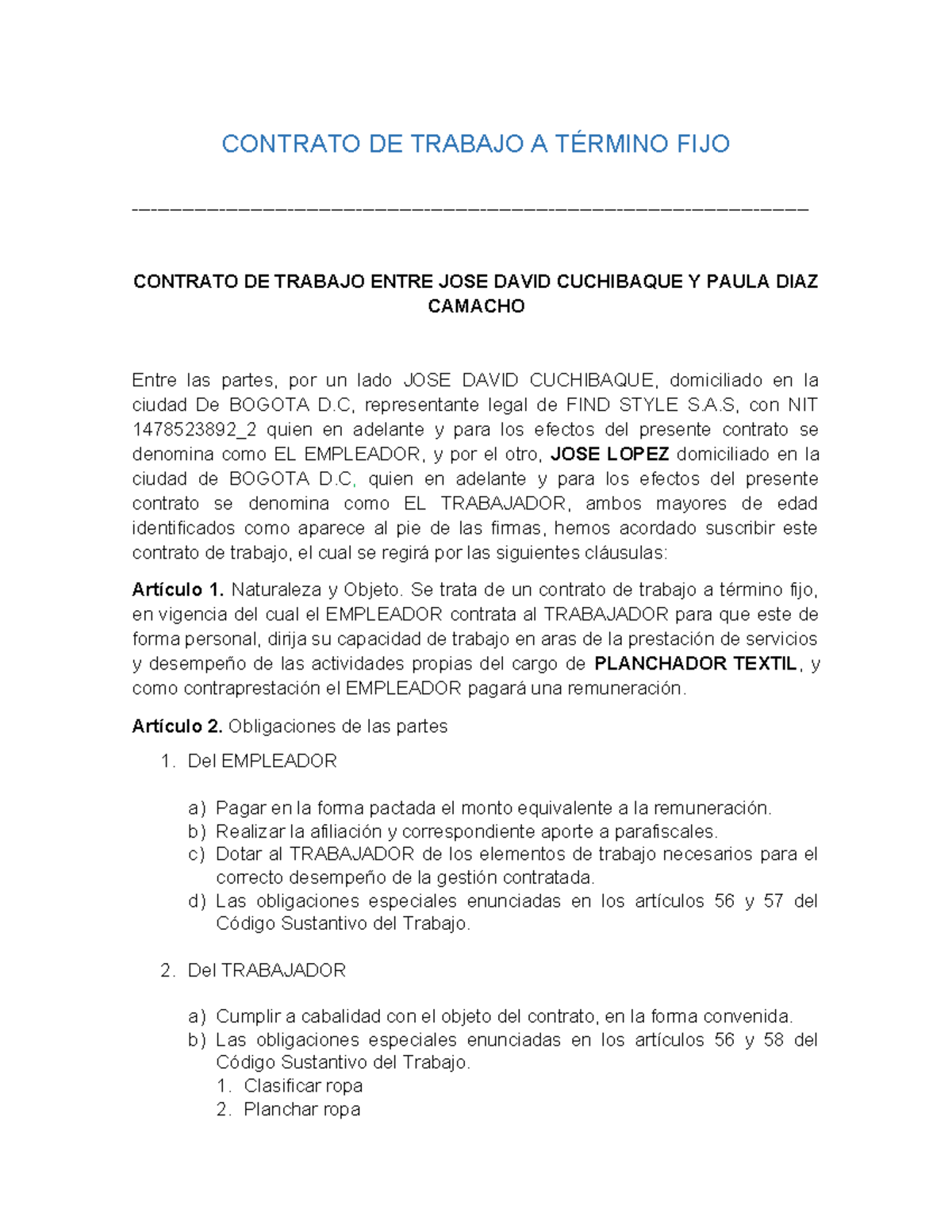 Contrato de trabajo a término fijo - Laboral - CONTRATO DE TRABAJO A ...