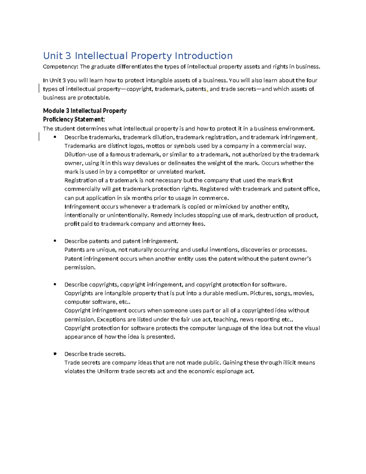 Unit 3 Walkthrough - ... - Unit 3 Intellectual Property Introduction Competency: The graduate ...