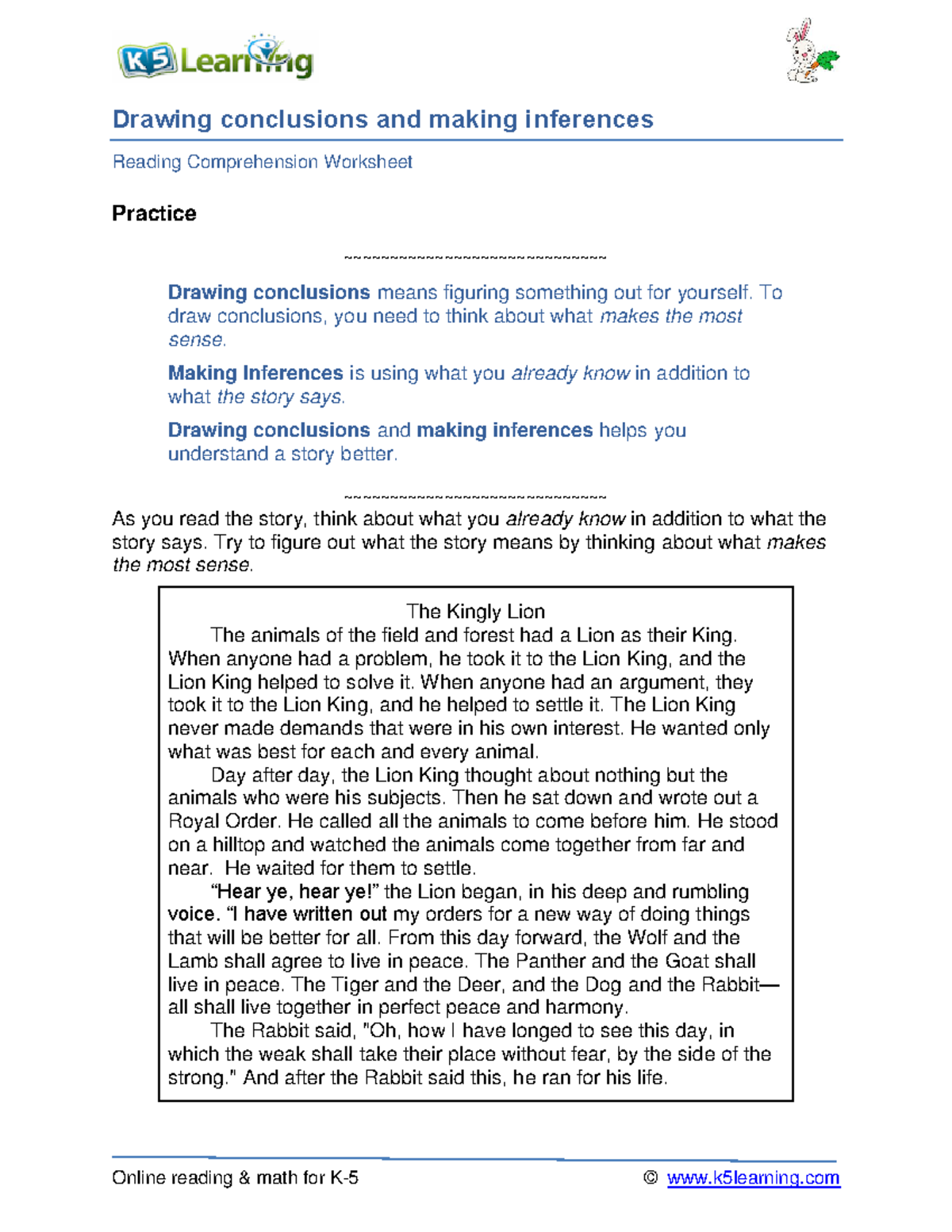 Grade 5 conclusions inferences a - Online reading & math for K-5 ...