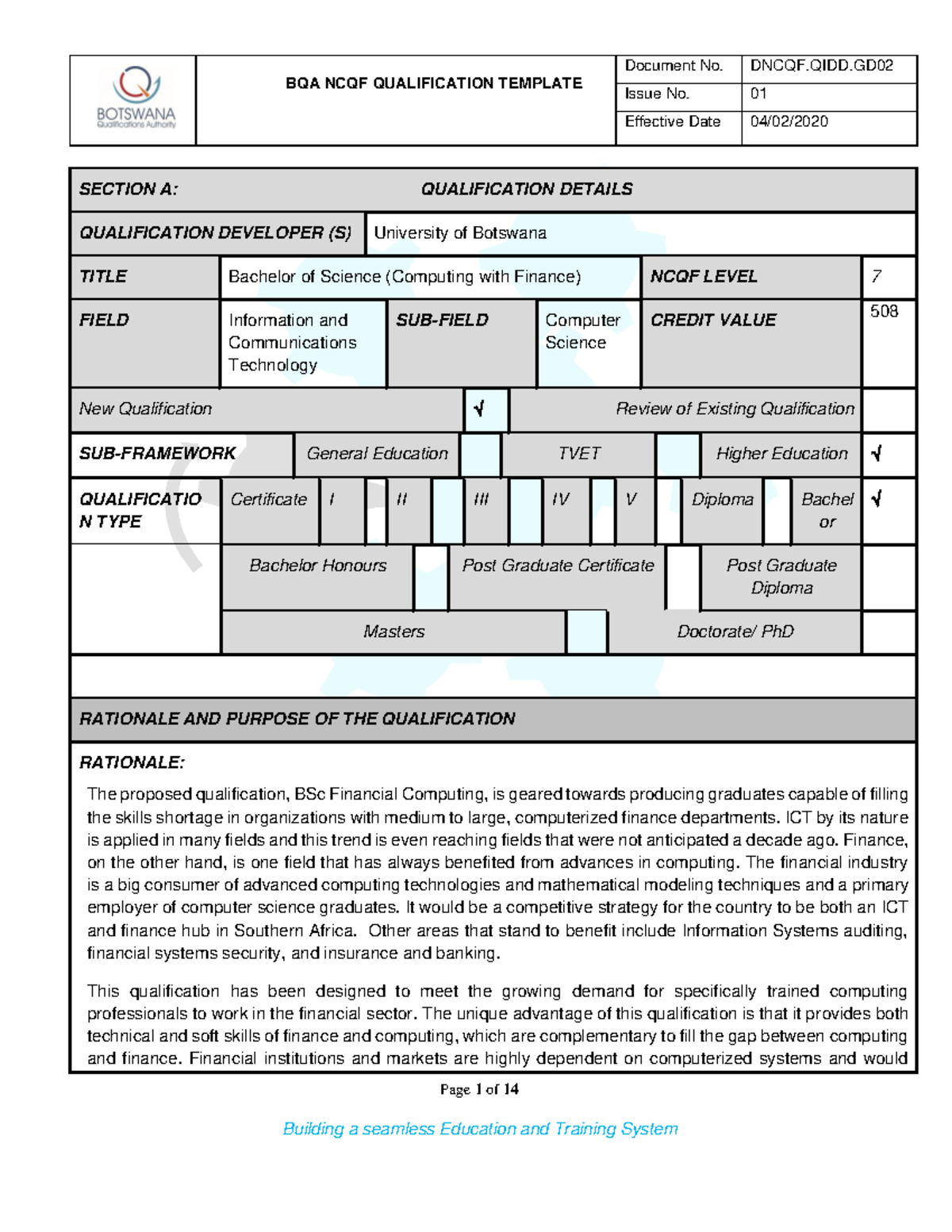 Q0768 - Bachelor of Science (Computing with Finance) - BQA NCQF ...