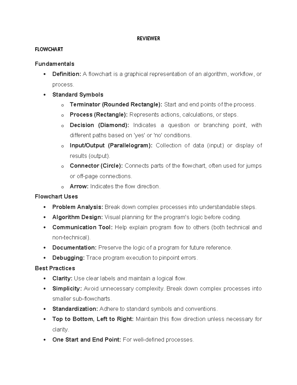 Reviewer Programming - REVIEWER FLOWCHART Fundamentals Definition: A ...