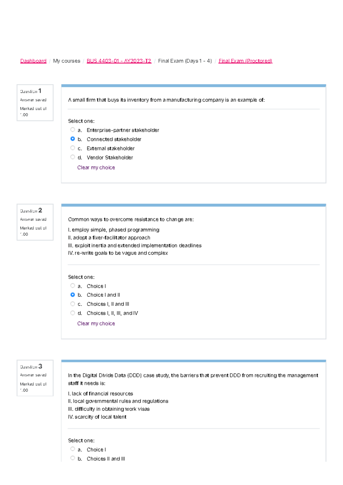 Final Exam (Proctored) (page 1 of 6) attempt BUS 4403 Score 96 ...