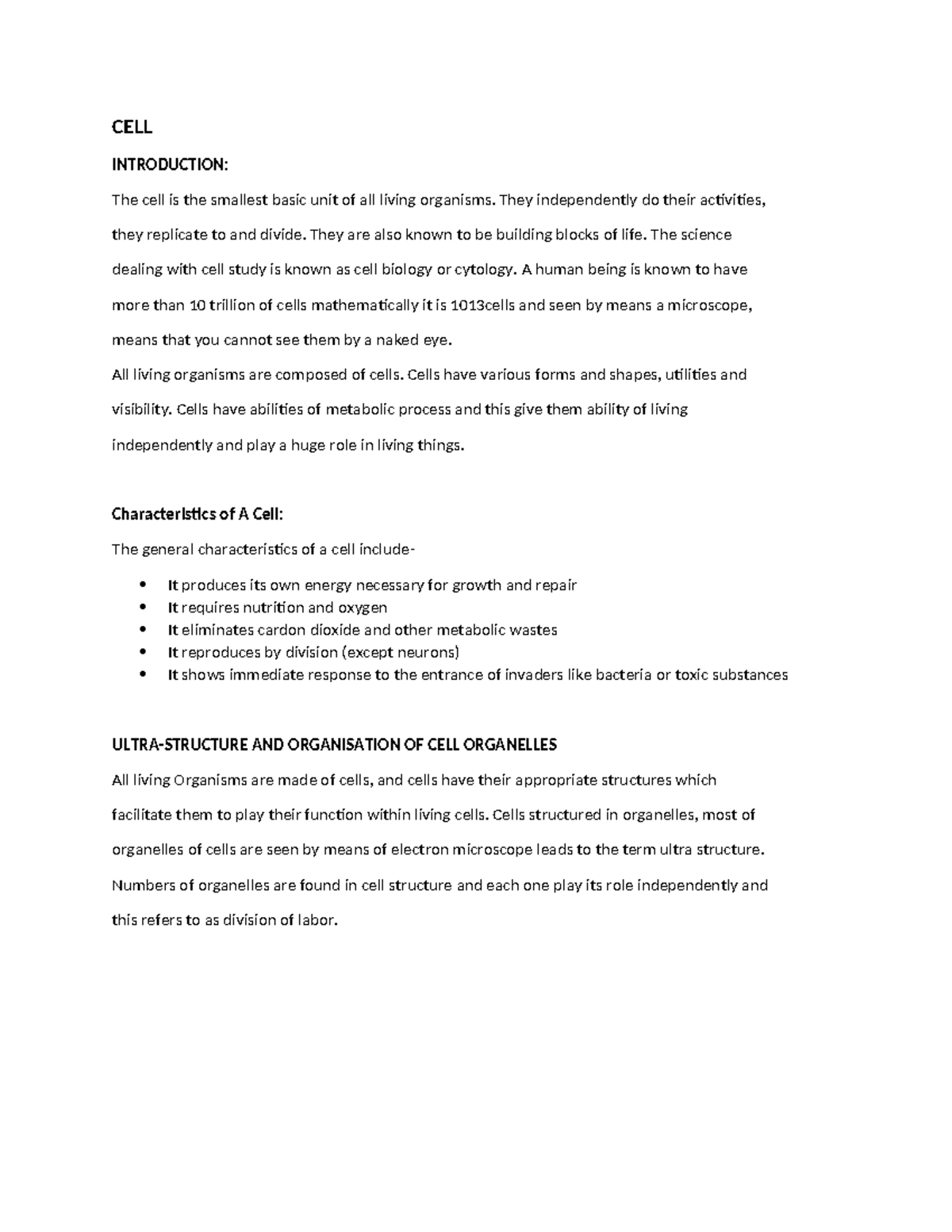 THE Human CELL - CELL INTRODUCTION: The cell is the smallest basic unit ...