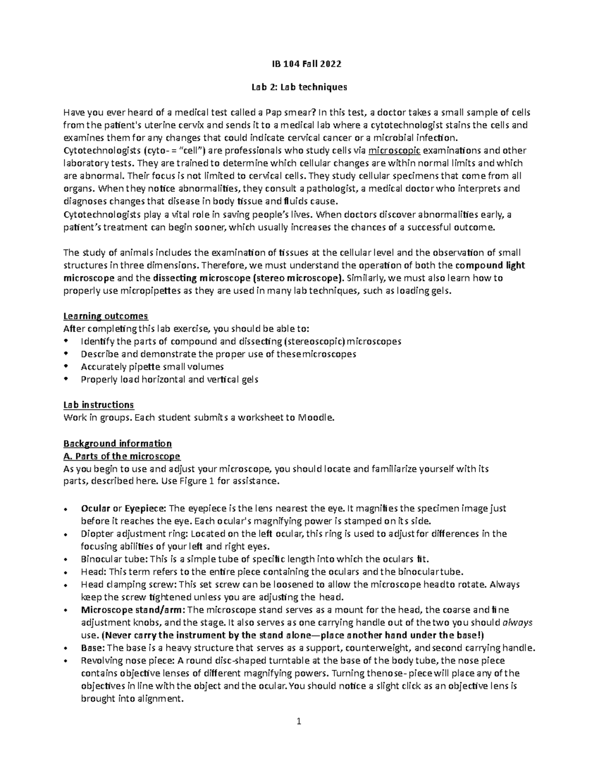 IB 104 F22 Lab 2 Microscopy - IB 104 Fall 2022 Lab 2: Lab techniques ...