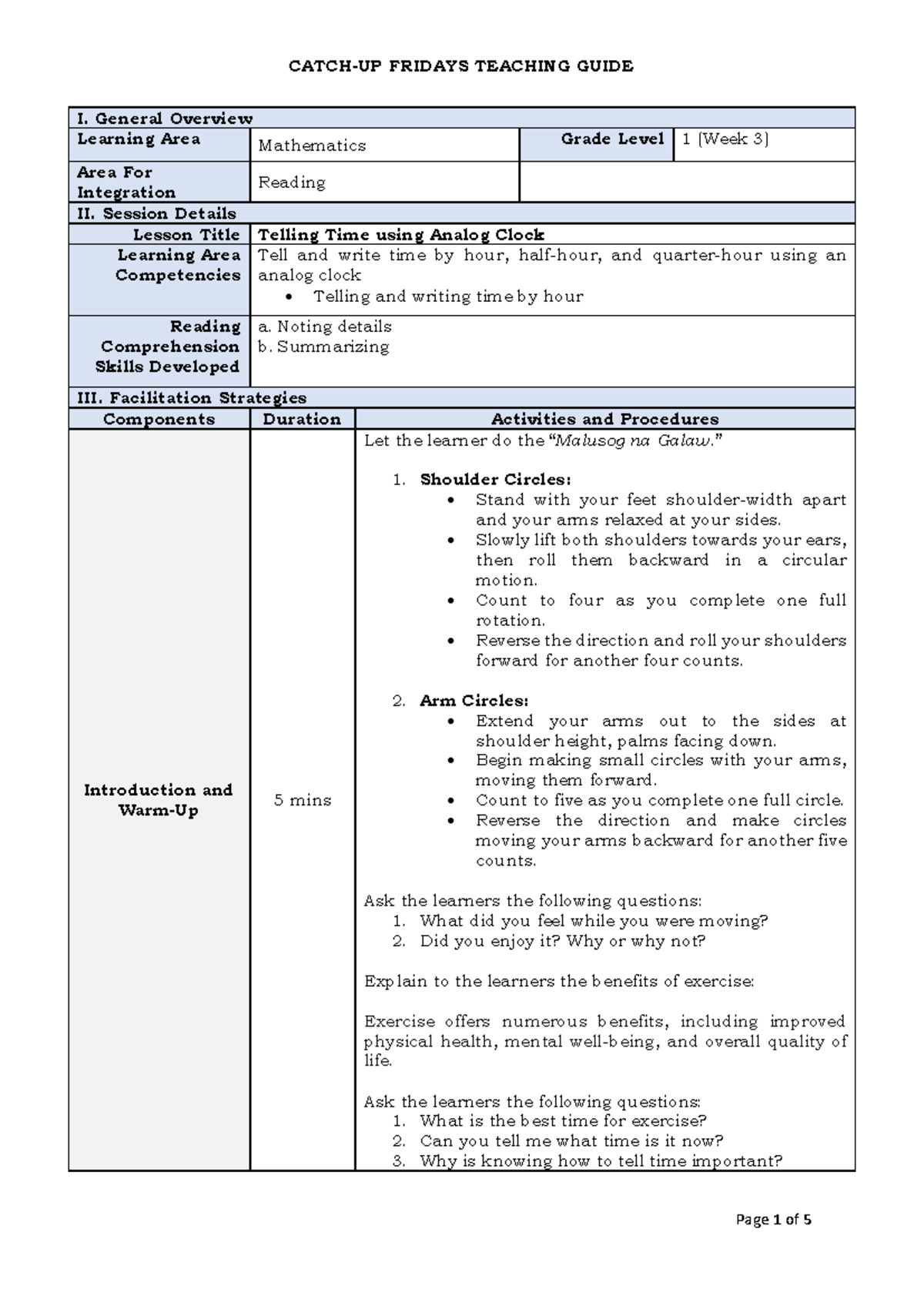 Mathematics 1 AND Reading final - I. General Overview Learning Area ...