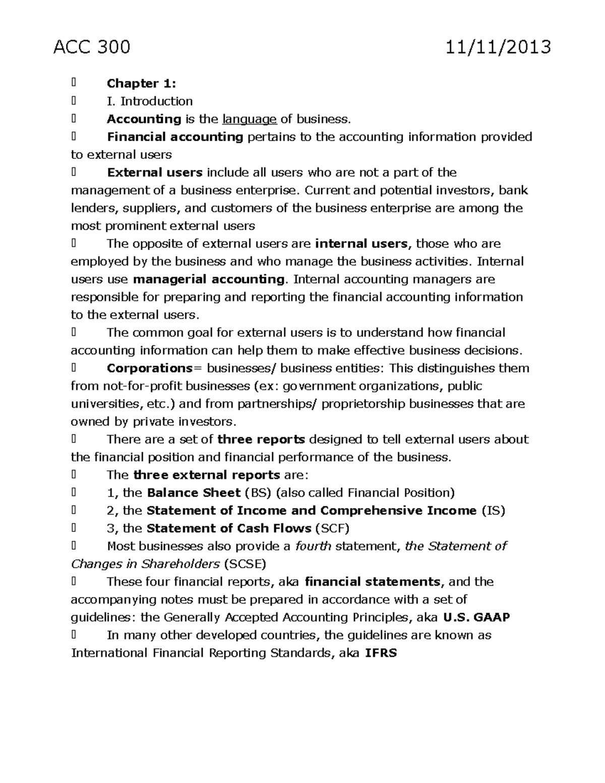 ACC 300 - Lecture notes Full course notes - ACC 300 11/11/ Chapter 1: I ...