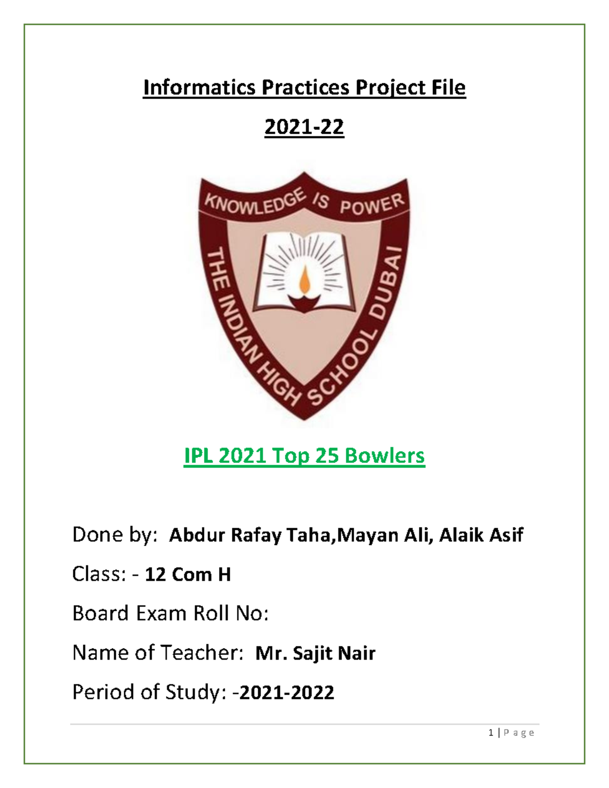 Informatics Practices Project File Informatics Practices Project File