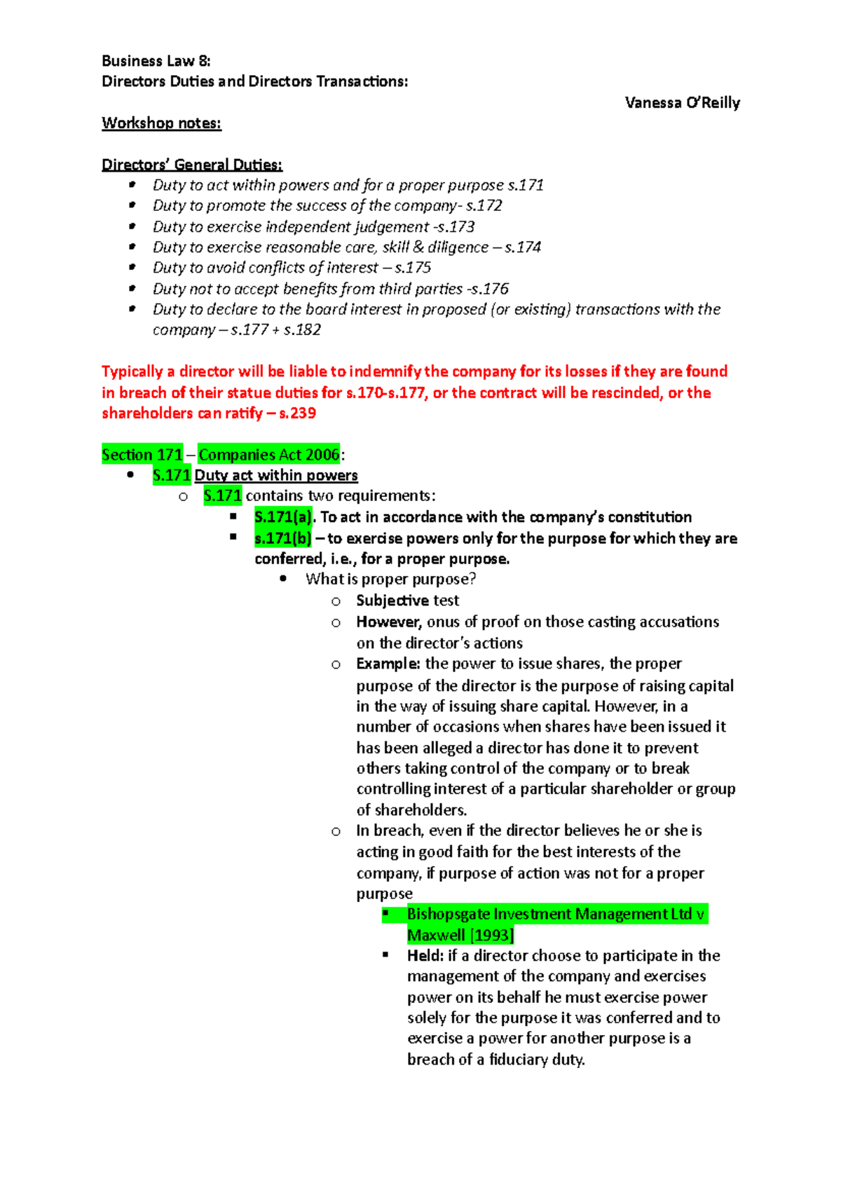 Complete Directors Duties Notes BLP WS8 - Directors Duties and ...
