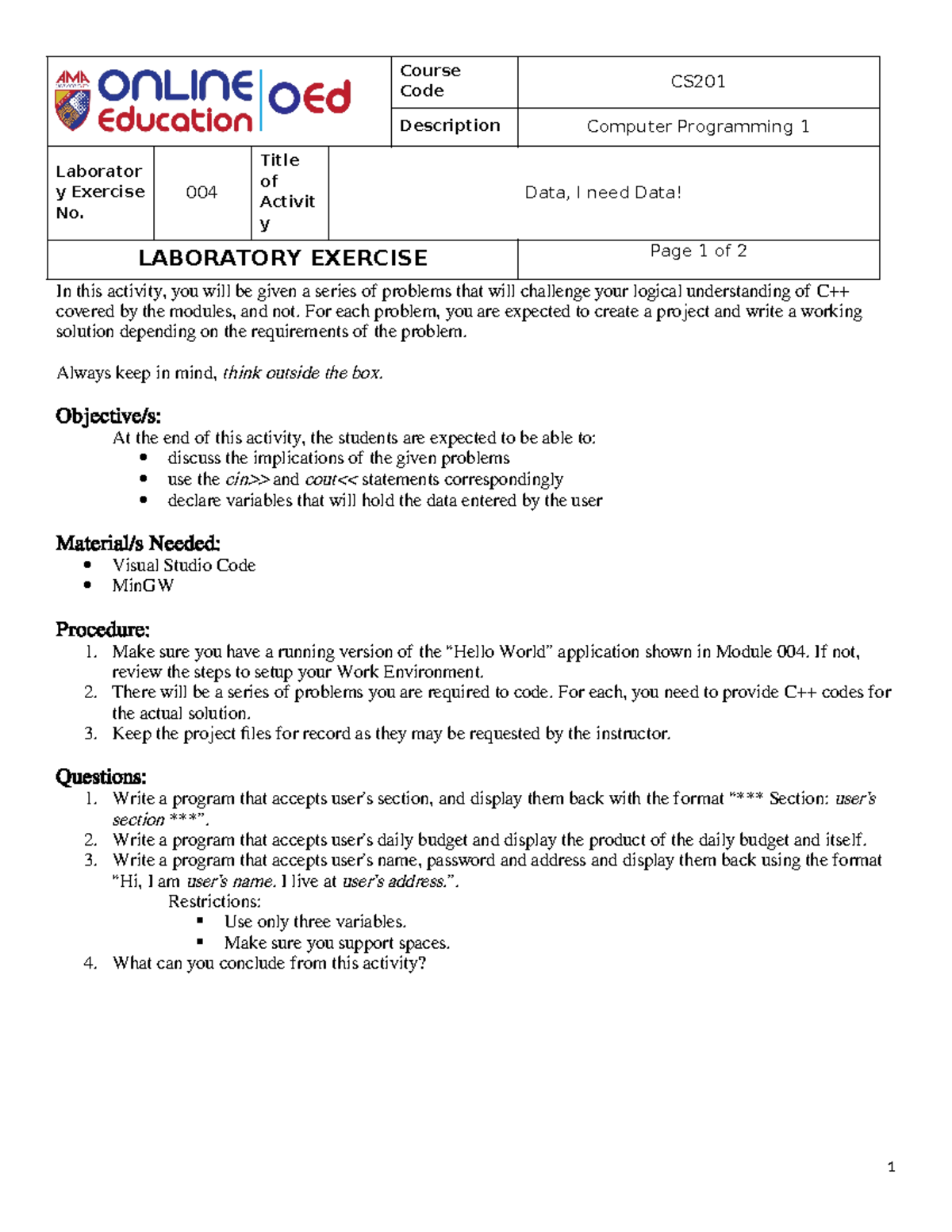 Week005 Lab4 Handling Primitive Data Types Edited - In this activity, you will be given a series ...