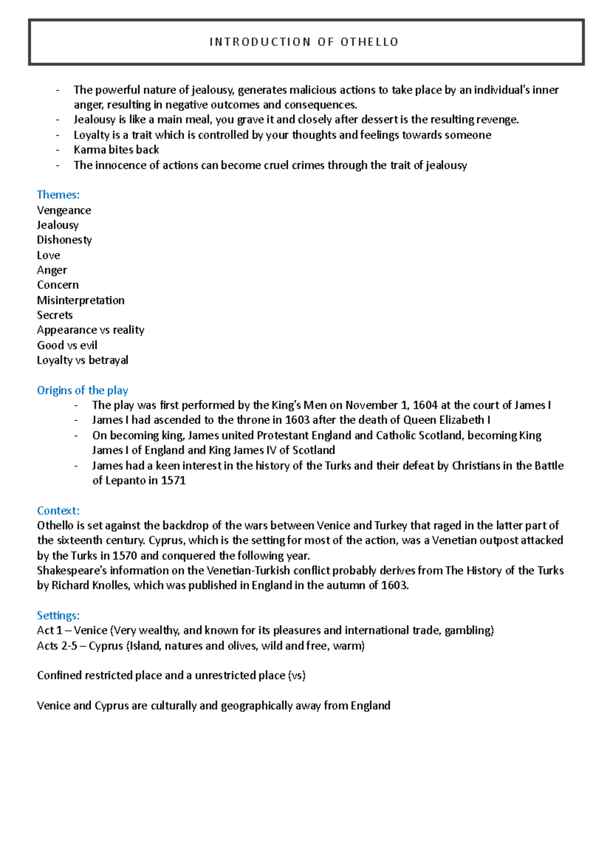 Introduction of Othello - The powerful nature of jealousy, generates ...