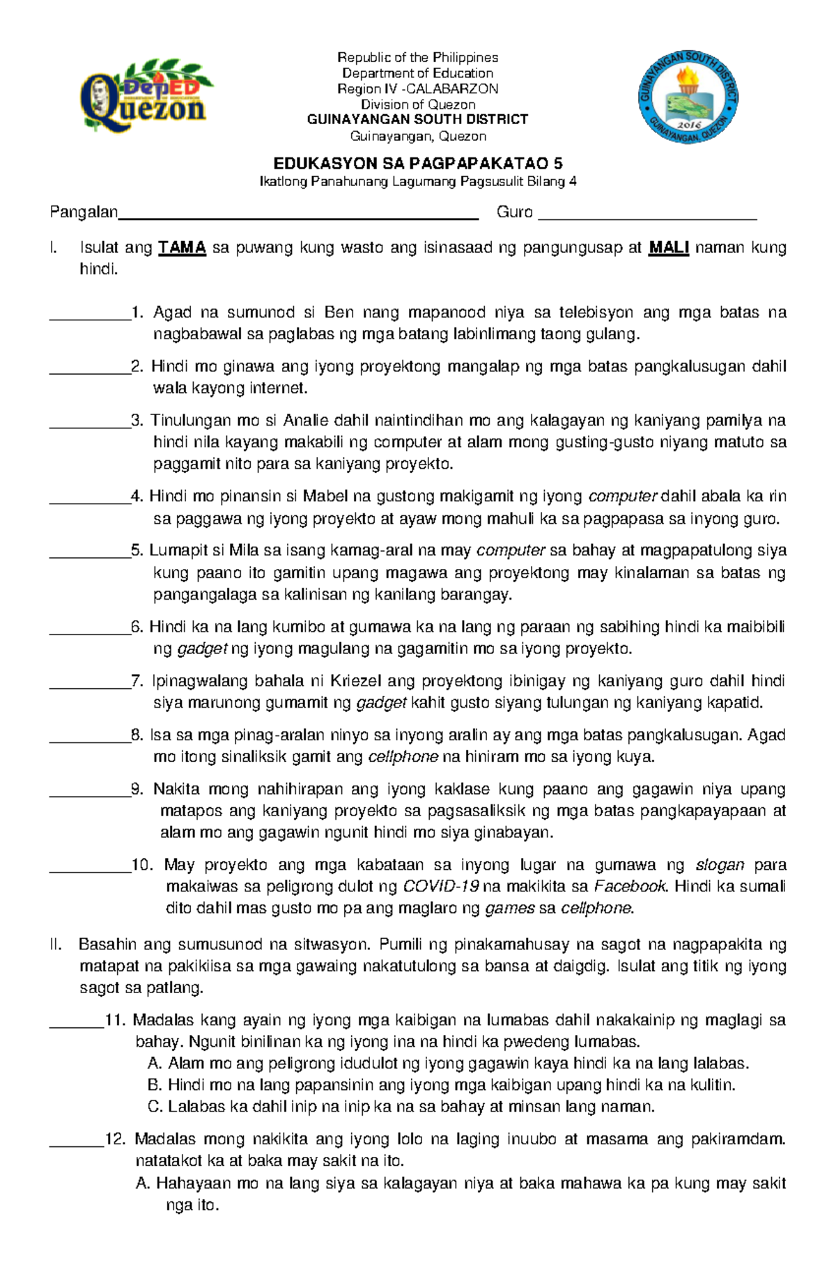 ESP 5 Q3 ST4 - FOR STUDY PURPOSES - Republic of the Philippines Department of Education Region ...