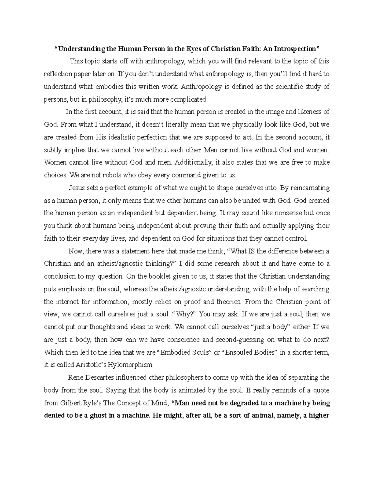 CL-reflection-paper - Essay CLED Christian - “Understanding the Human ...